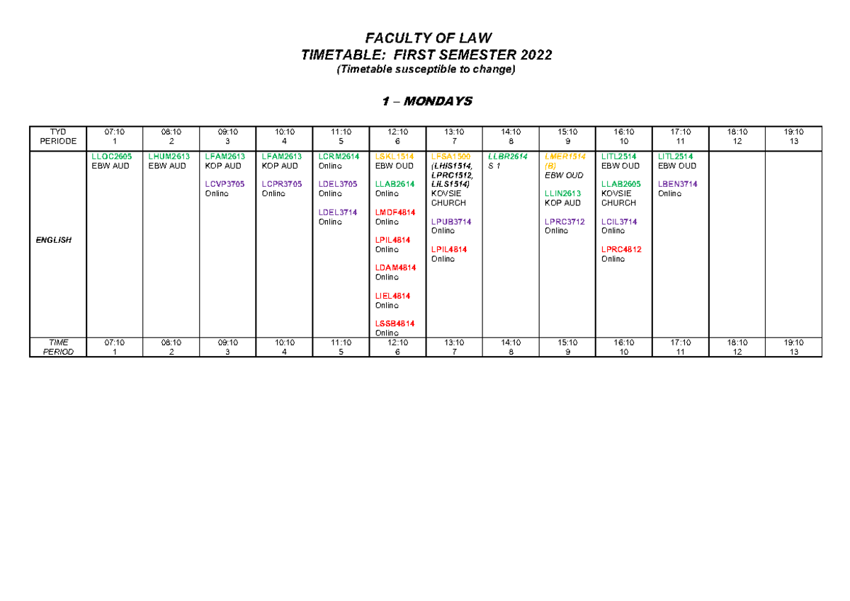 1st Sem Class Timetable 2022 - FACULTY OF LAW TIMETABLE: FIRST SEMESTER ...