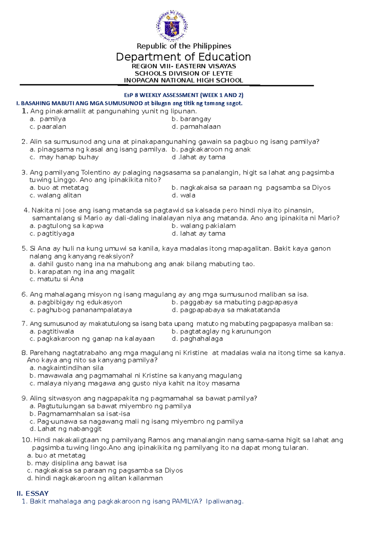 Module 1 and 2 Assessment - Republic of the Philippines Department of ...