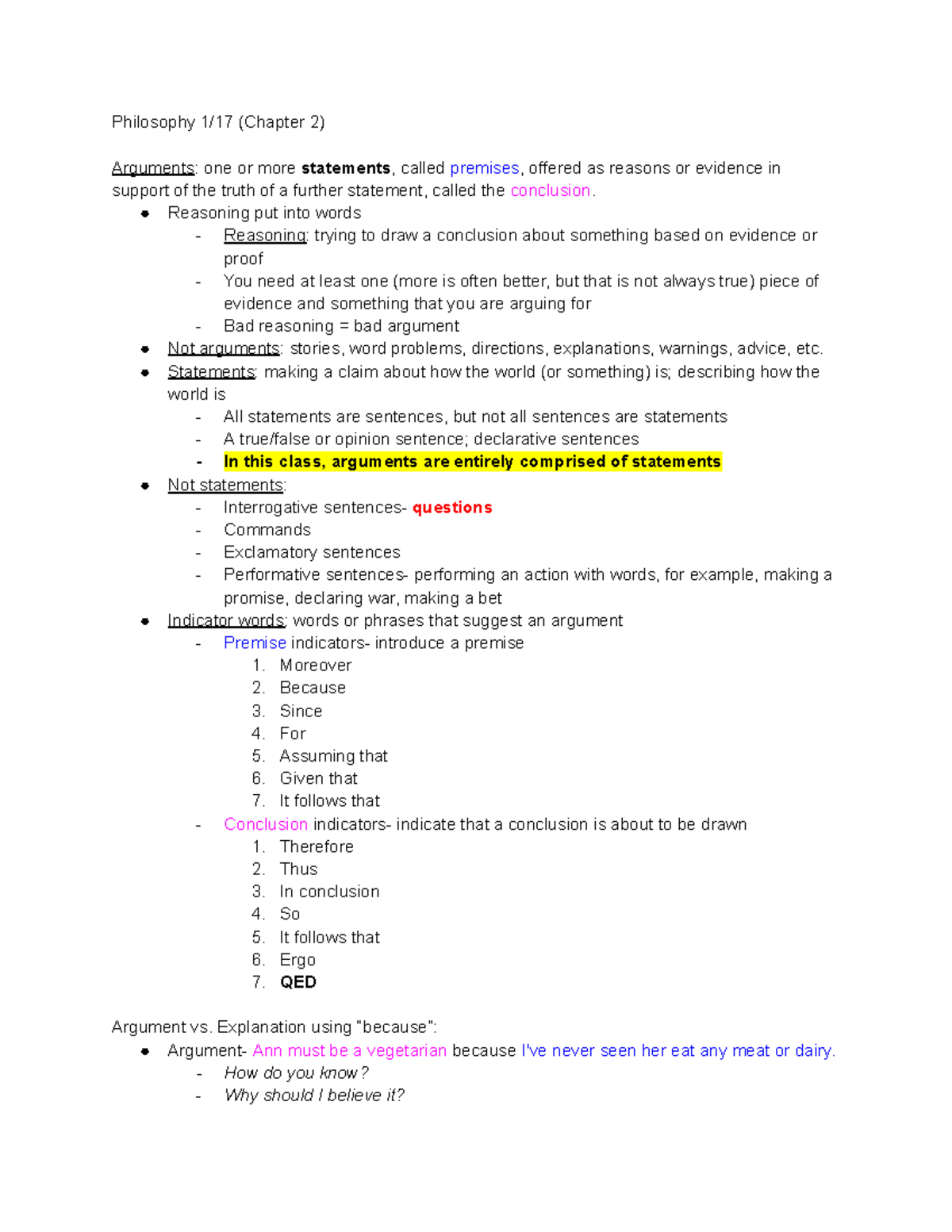 chapter two notes - Philosophy 1/17 (Chapter 2) Arguments: one or more ...