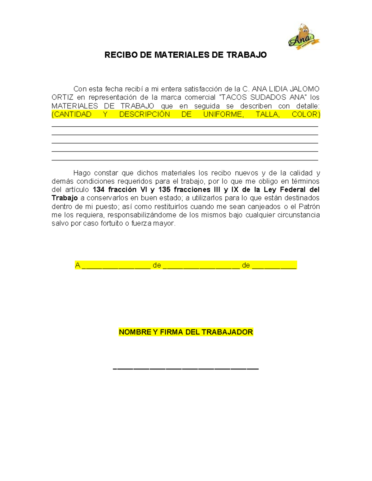 Formato DE Recibo DE Materiales DE Trabajo - RECIBO DE MATERIALES DE ...