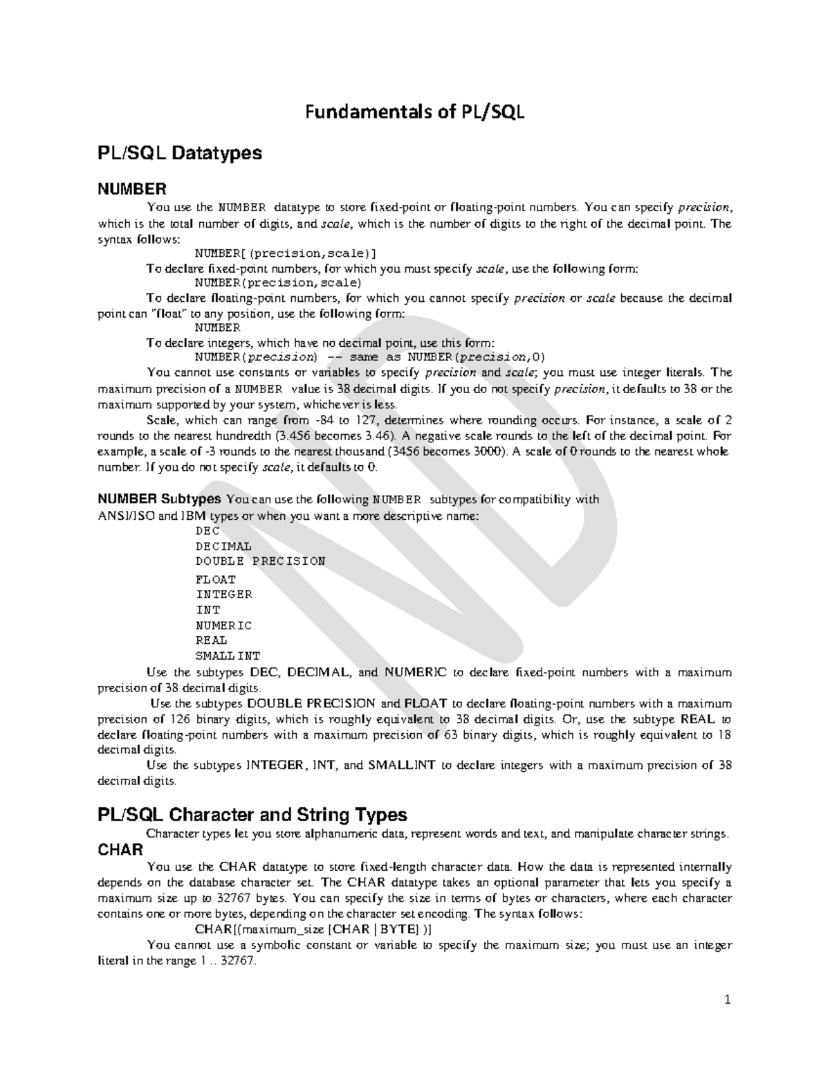 Fund plsql - Notes - Fundamentals of PL/SQL PL/SQL Datatypes NUMBER You ...