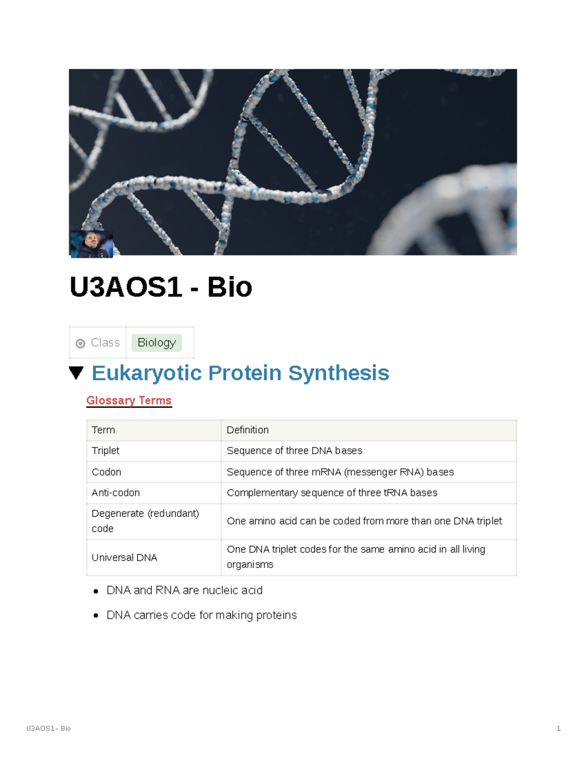 U3AOS1 - Biology - U3AOS1 - Bio Class Biology Eukaryotic Protein ...