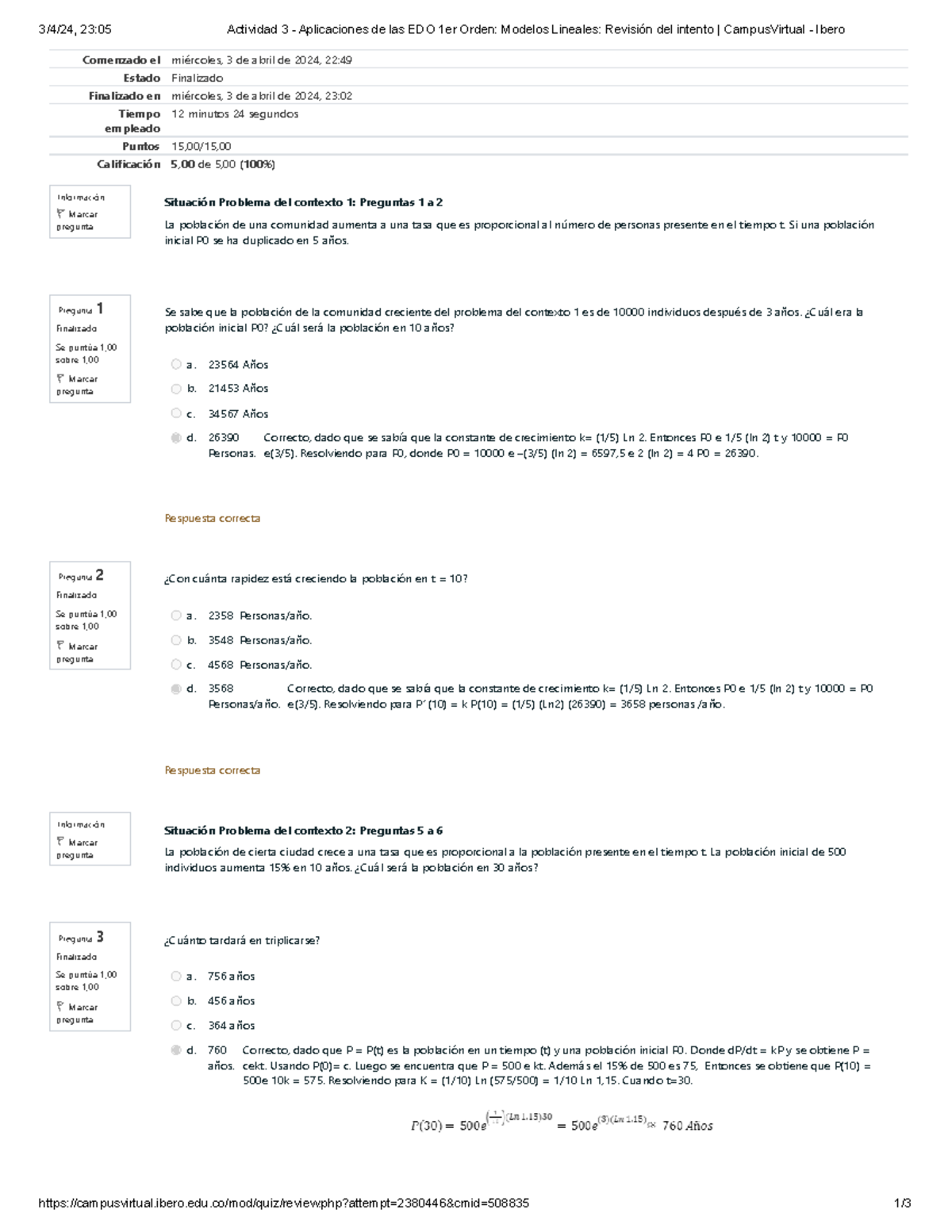 Actividad 3 - Aplicaciones de las EDO 1er Orden Modelos Lineales Revisión del intento Campus ...