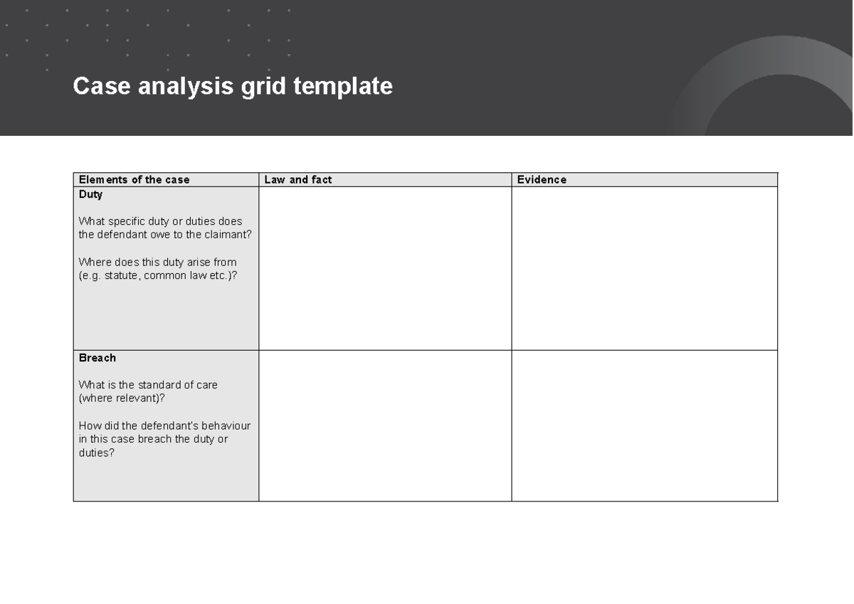 Media Ord Case analysis grid - Case analysis grid template Elements of the case Law and fact ...