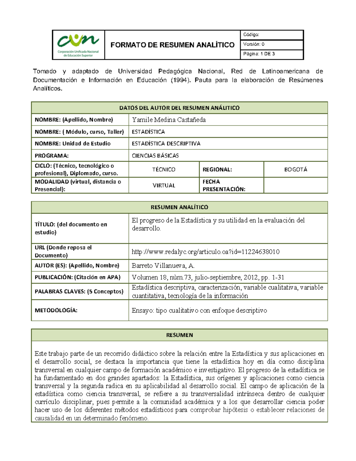Estadistic formato de resumen analitico - FORMATO DE RESUMEN ANALÍTICO ...