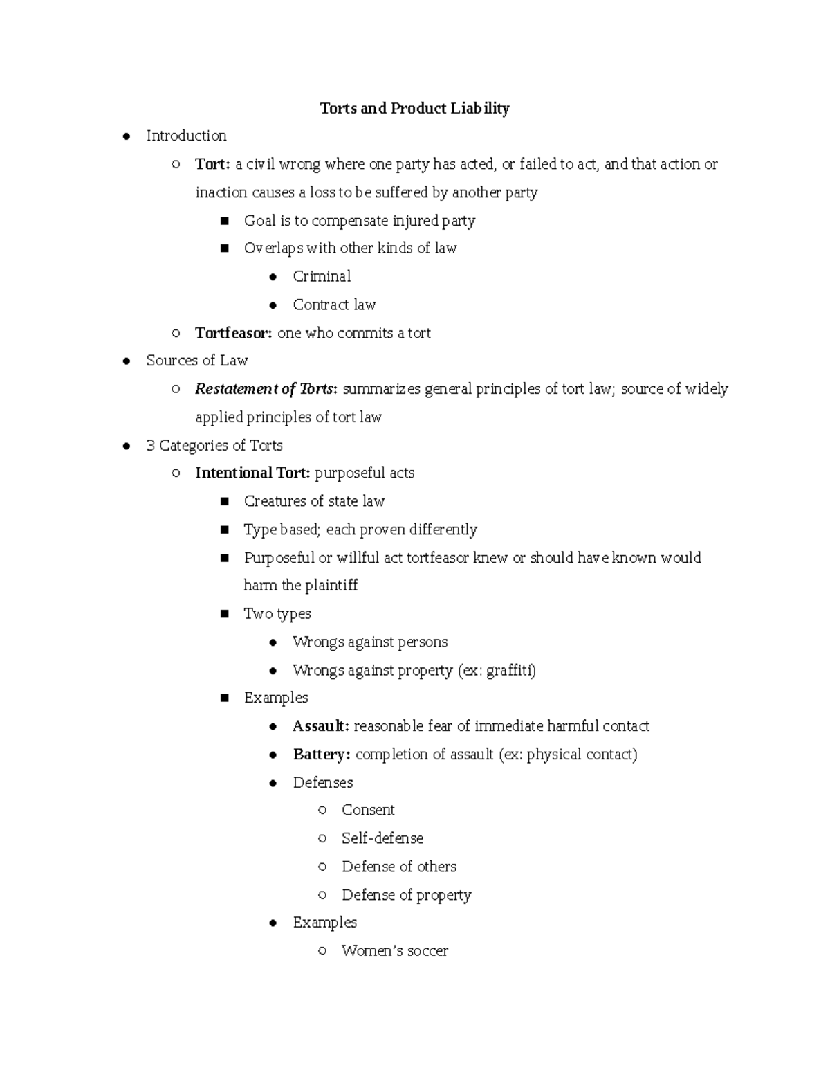 Ch 9 Notes - Torts and Product Liability Introduction Tort: a civil ...