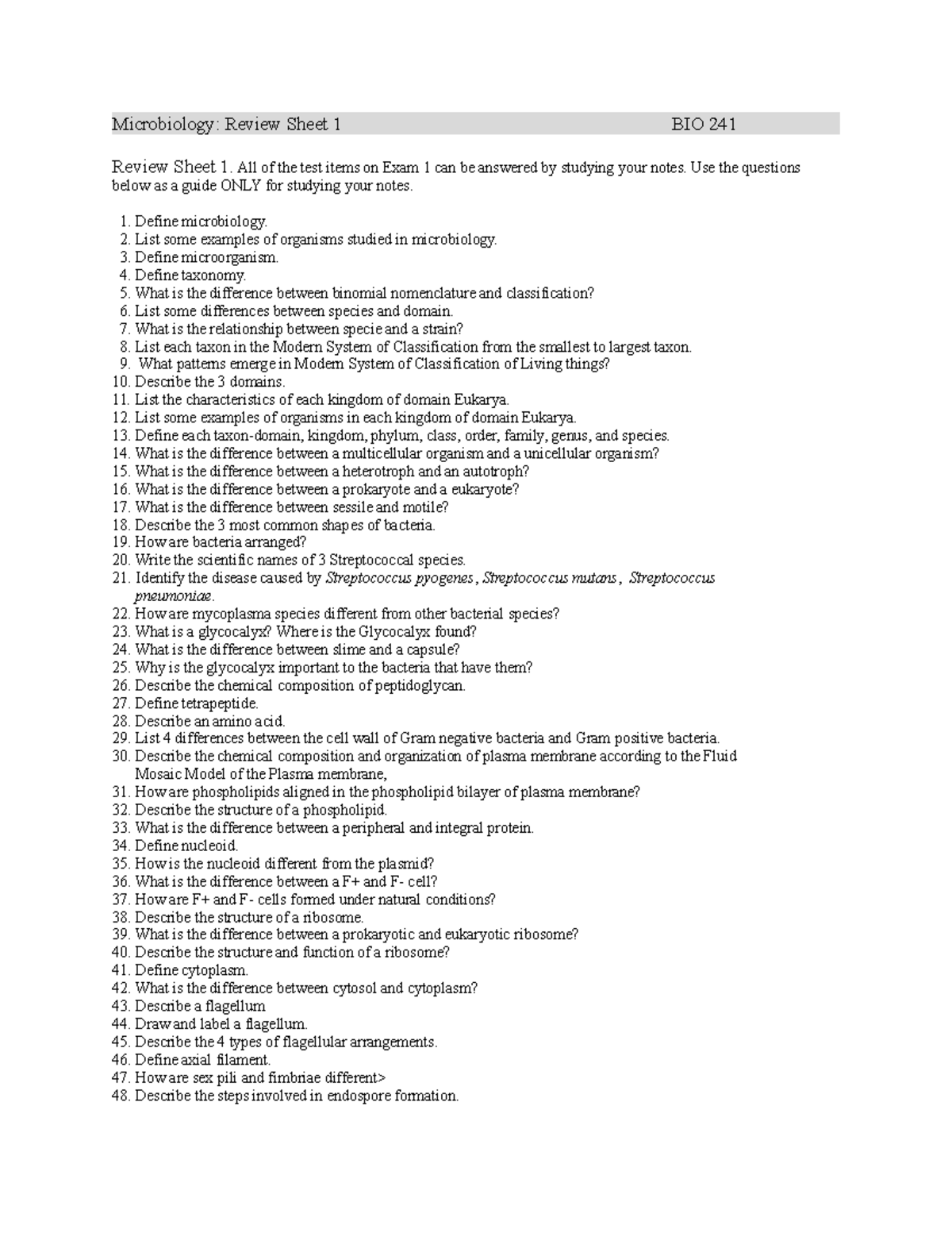 Review Sheet 1 - Microbiology 241 - Microbiology: Review Sheet 1 BIO ...