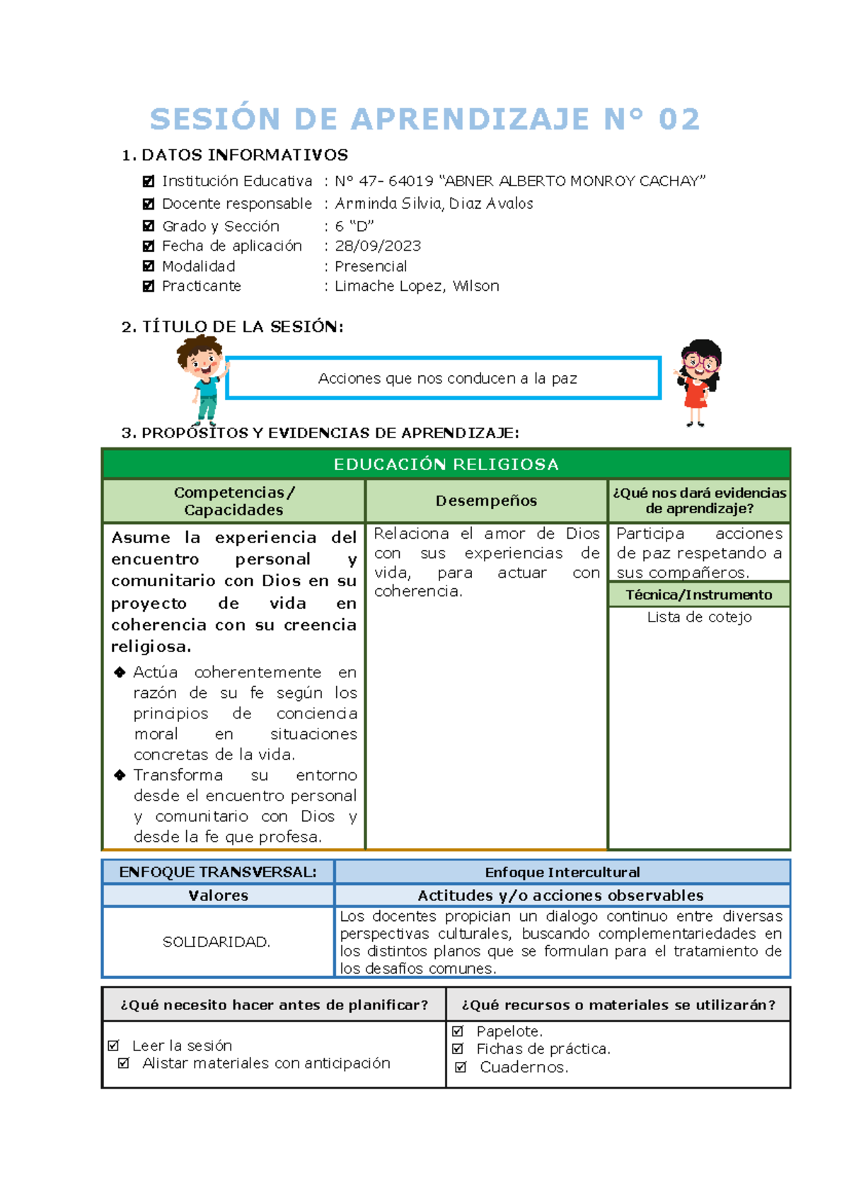 Sesión DE Aprendizaje N 2 Religion - SESIÓN DE APRENDIZAJE N° 02 1. DATOS INFORMATIVOS ...