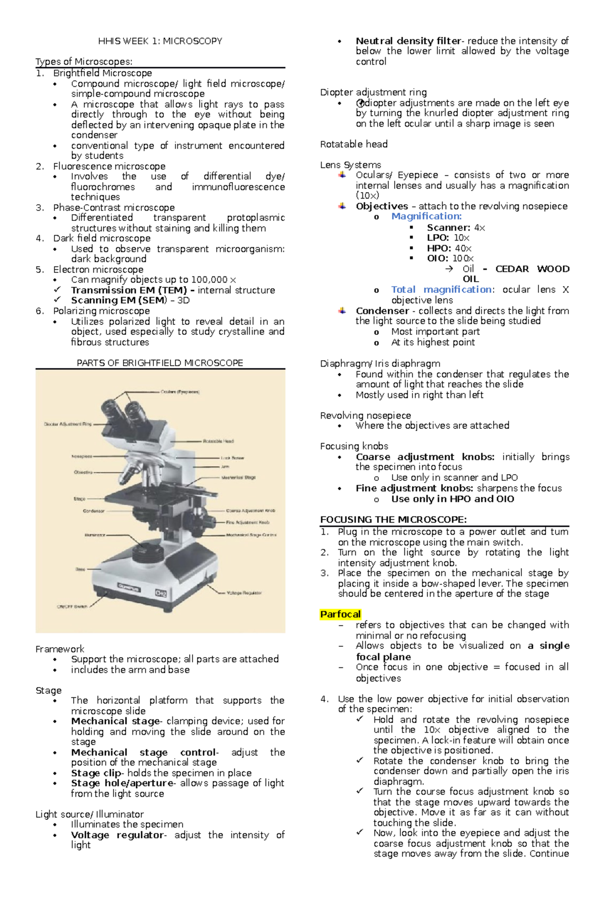 HHIS WEEK 1 Introduction - HHIS WEEK 1: MICROSCOPY Types of Microscopes ...