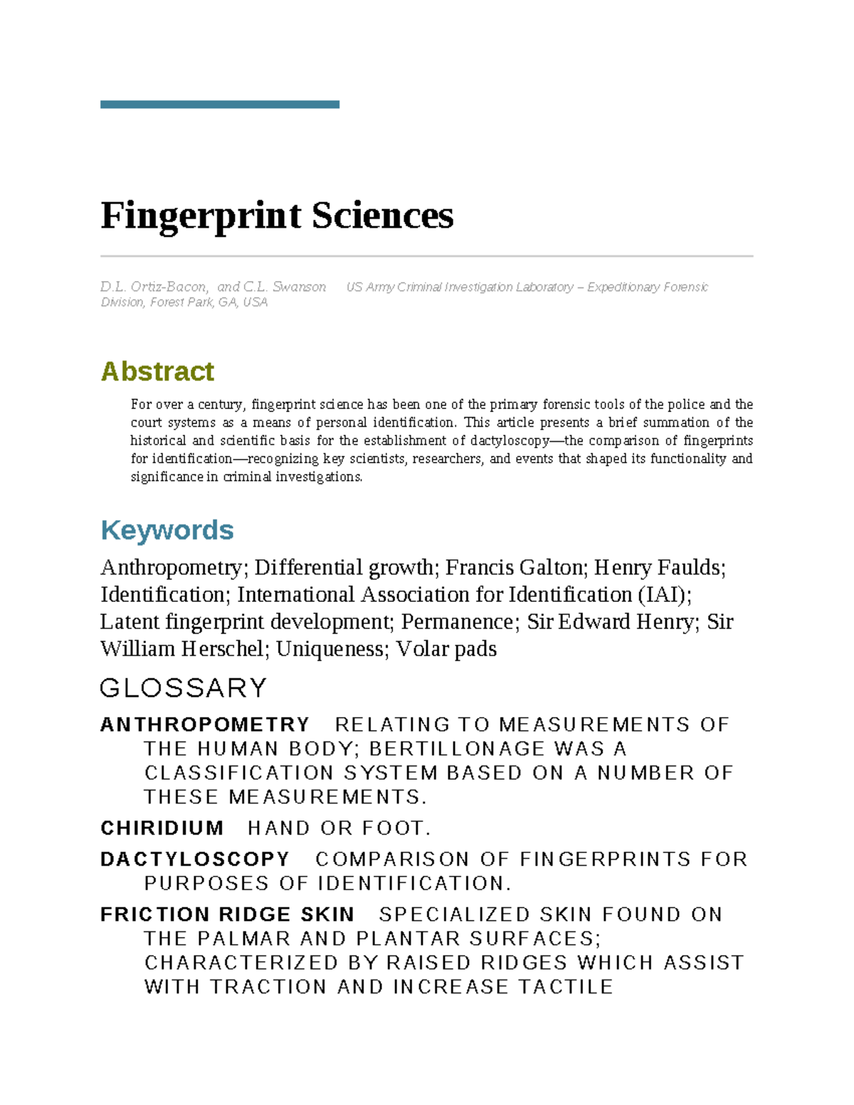 Fingerprint Sciences - Ortiz-Bacon, and C. Swanson US Army Criminal ...