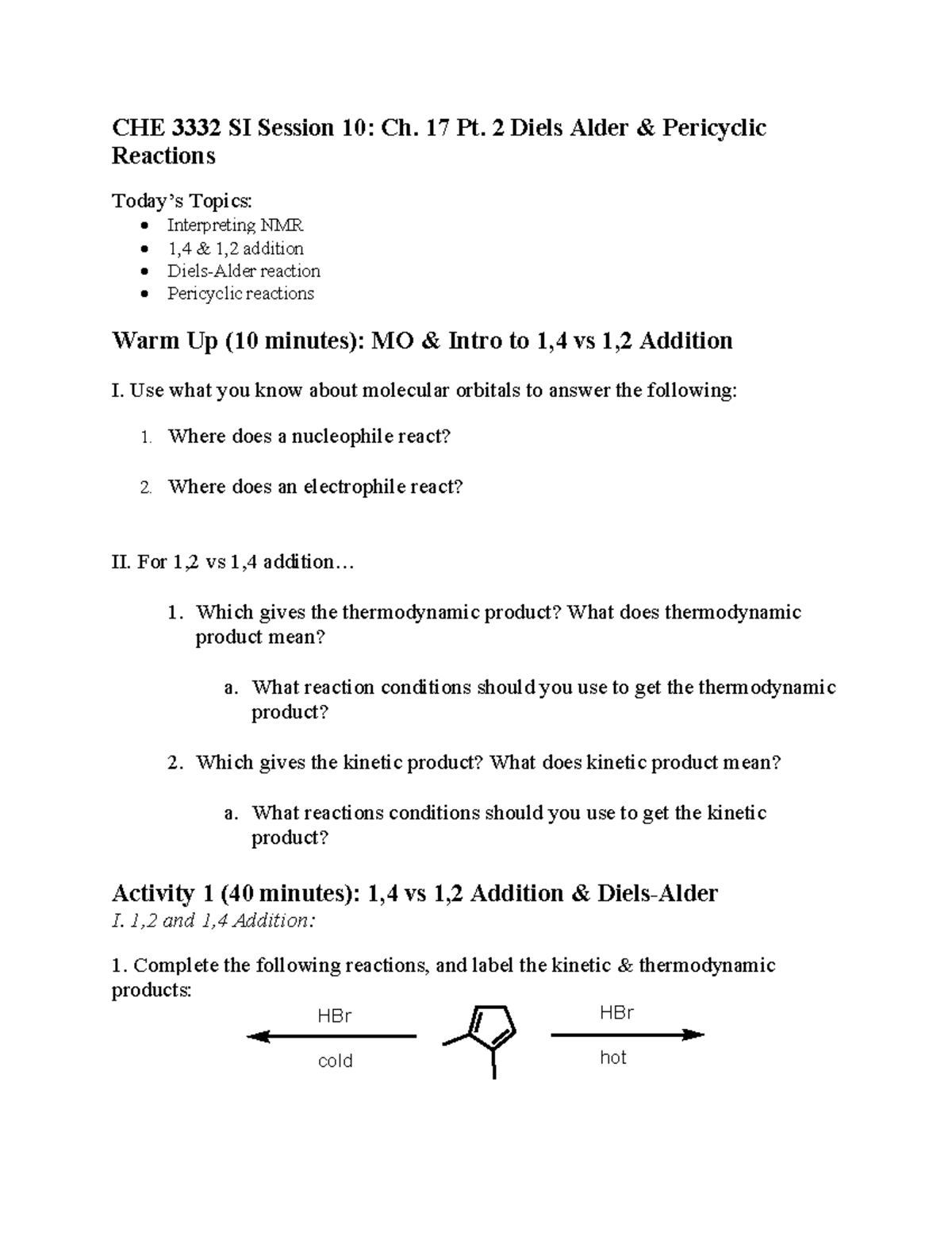 S10-+Ch - practice - CHE 3332 SI Session 10: Ch. 17 Pt. 2 Diels Alder ...