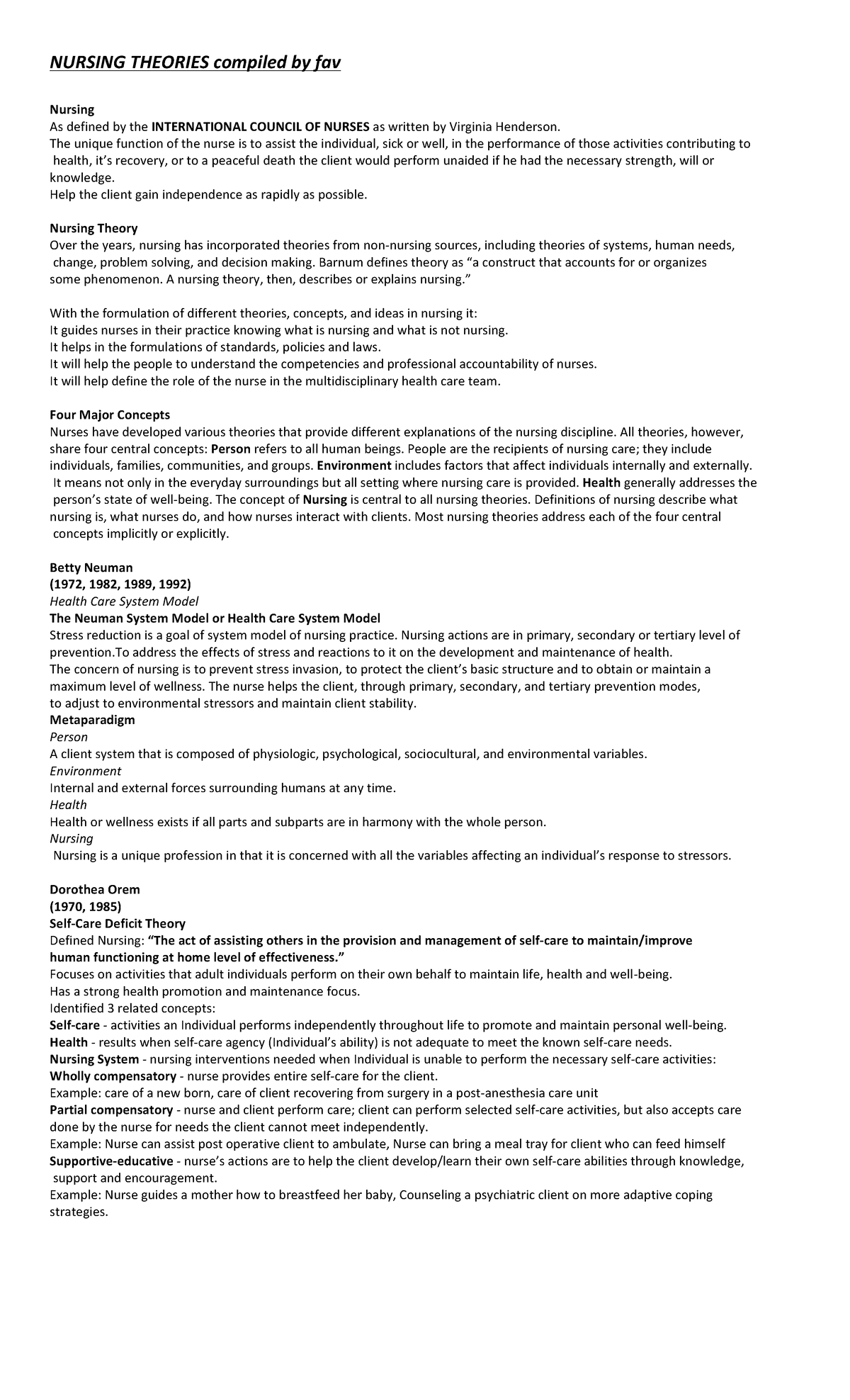 Summary of Nursing Theories by fav - NURSING THEORIES compiled by fav ...