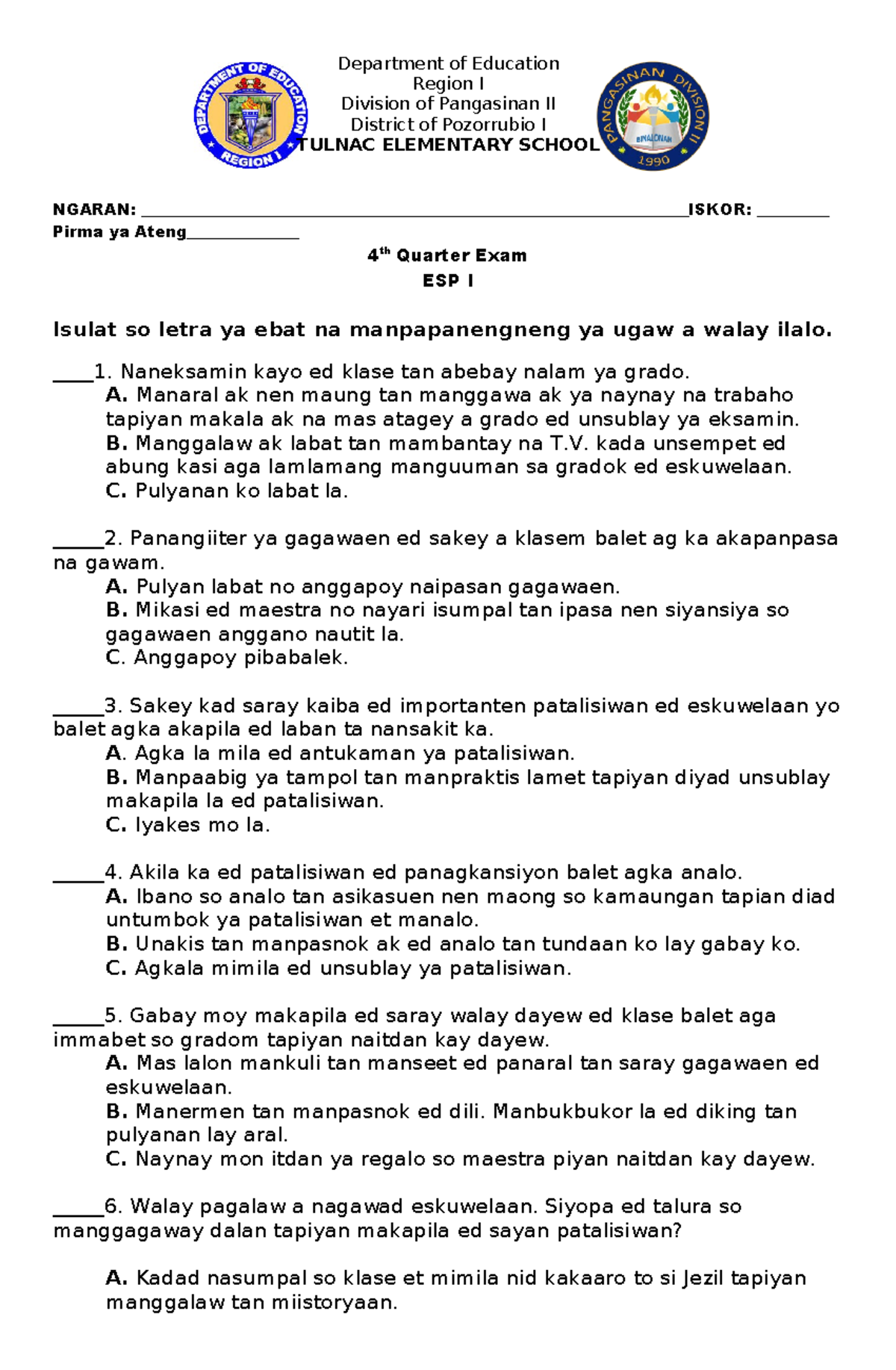 Esp 4th - 4th Quarter Exam - Department of Education Region I Division ...
