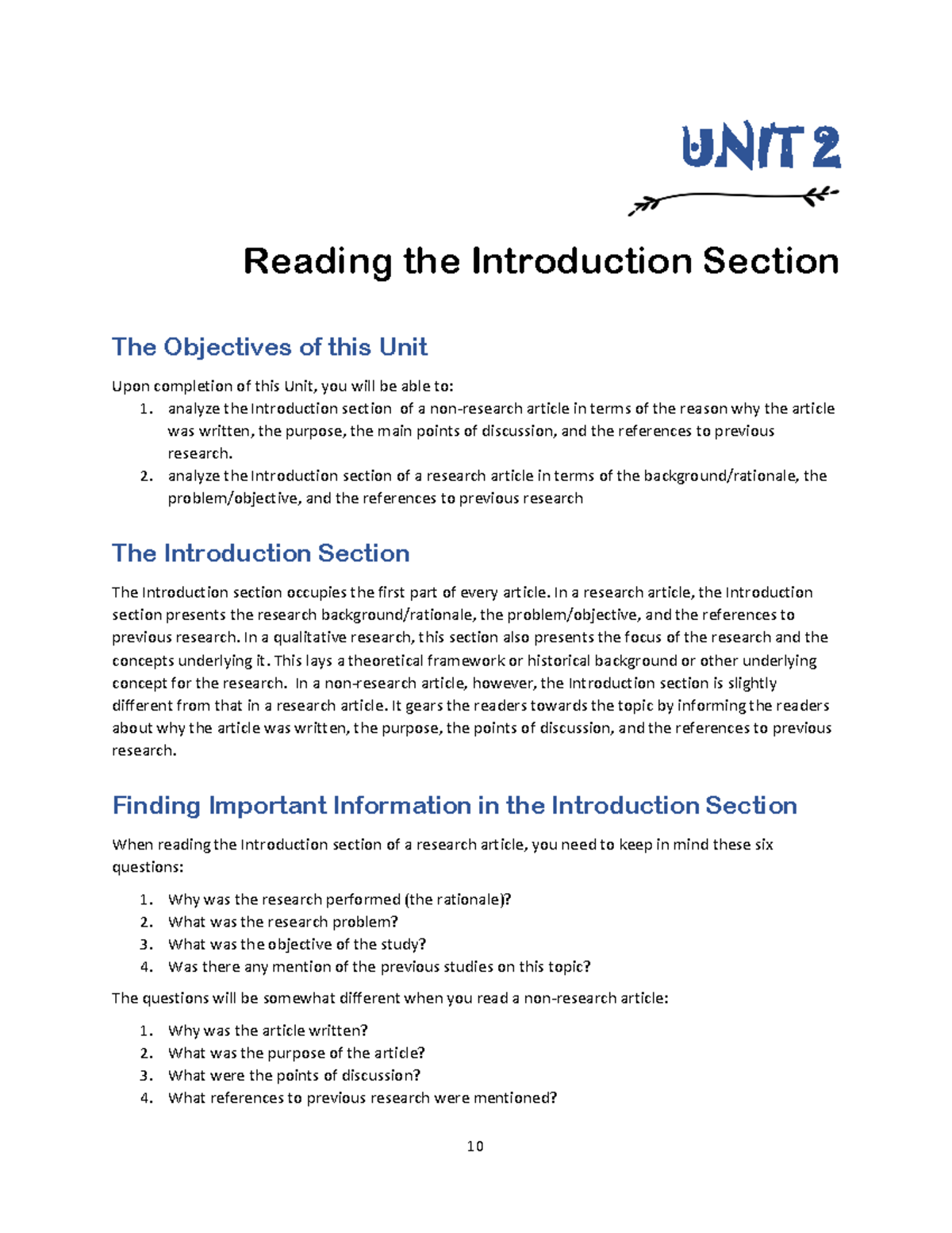 UNIT 2 Reading the Introduction section Revised Version 1 - UNIT 2 ...
