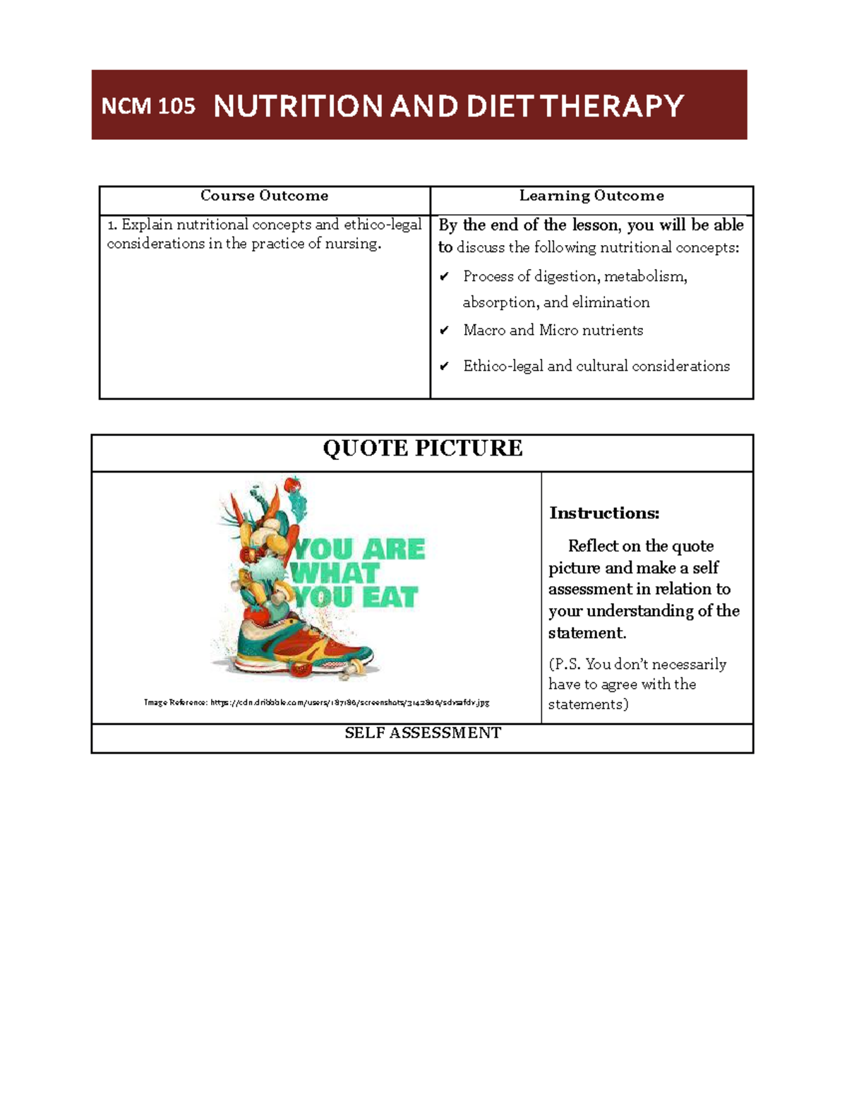 Nutri Lec Module 1 - ####### Course Outcome Learning Outcome ####### 1 ...