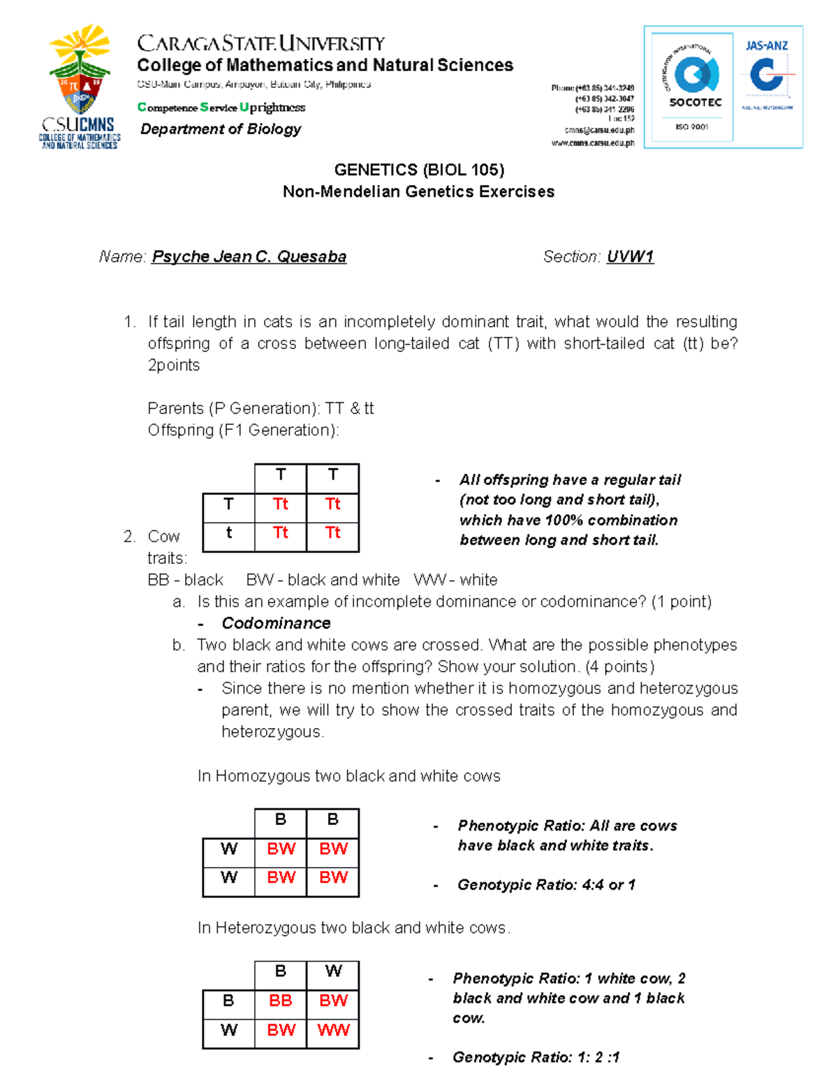 Non mendelian Genetics Assignment And lecture notes - Department of ...