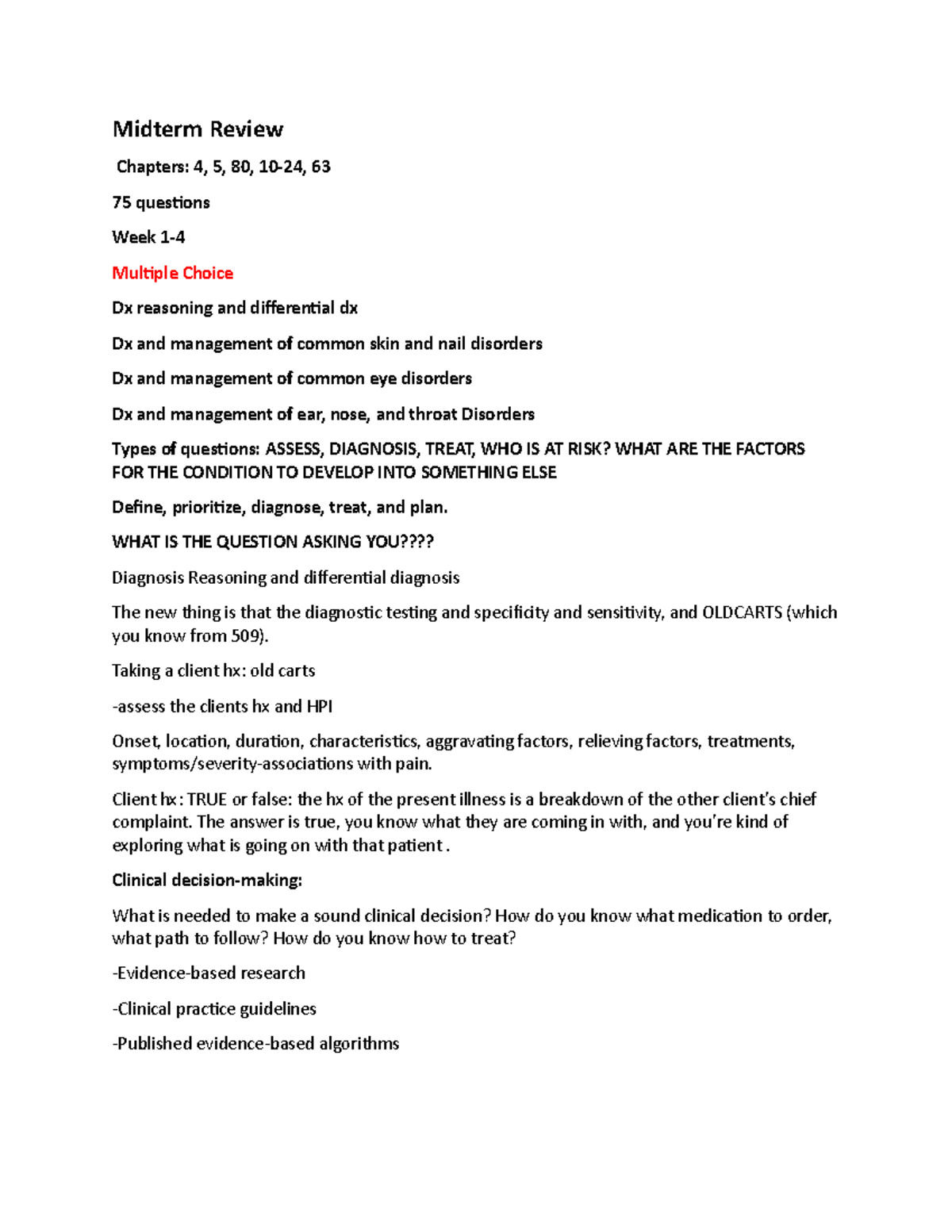 Midterm 511 Jess Version - Midterm Review Chapters: 4, 5, 80, 10-24, 63 ...