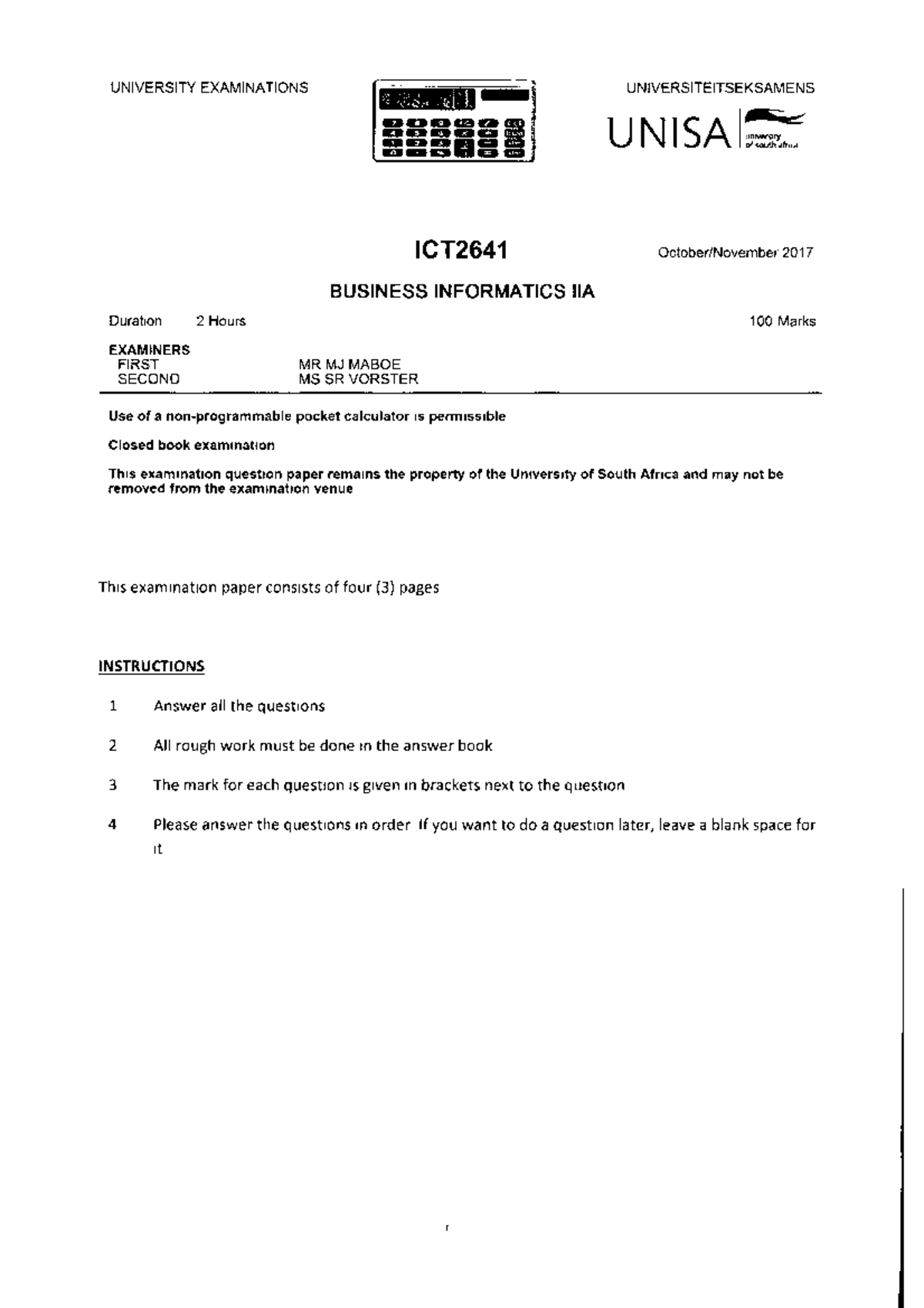 ICT2641 2017 10 E 1 - EXAM - ICT2641 - Studocu