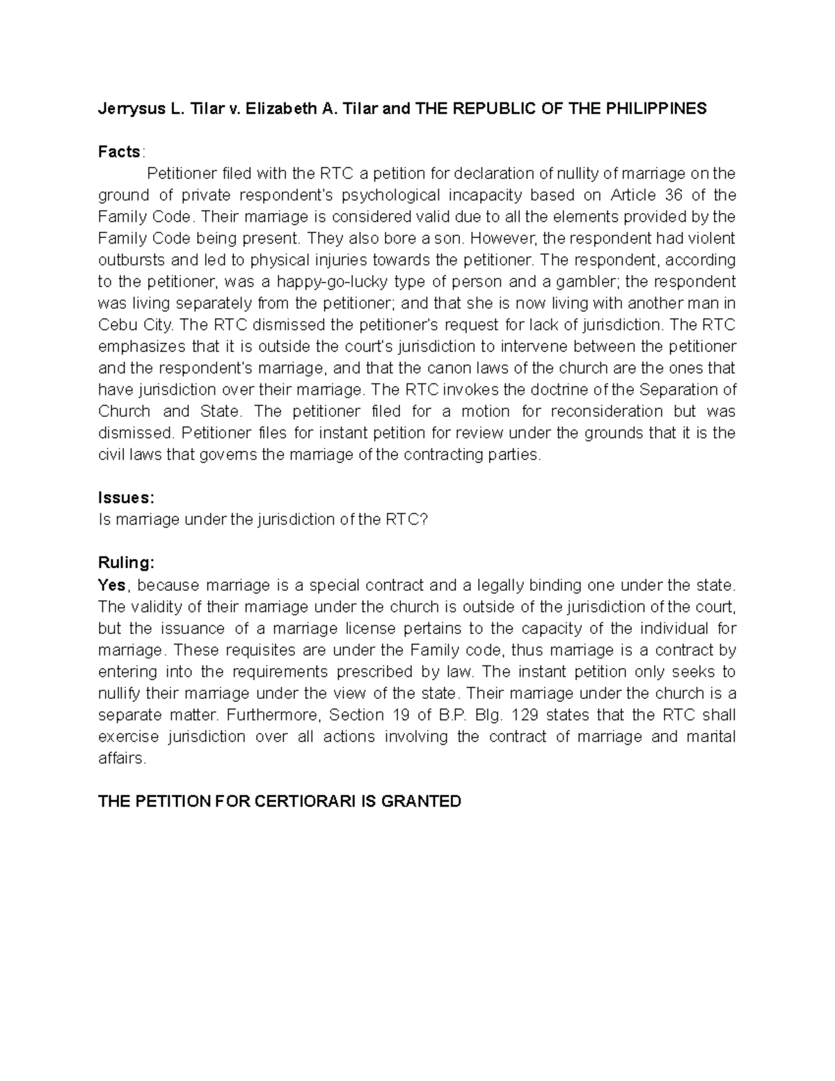Tuvera v. Tuvera - Case Digest - Jerrysus L. Tilar v. Elizabeth A ...