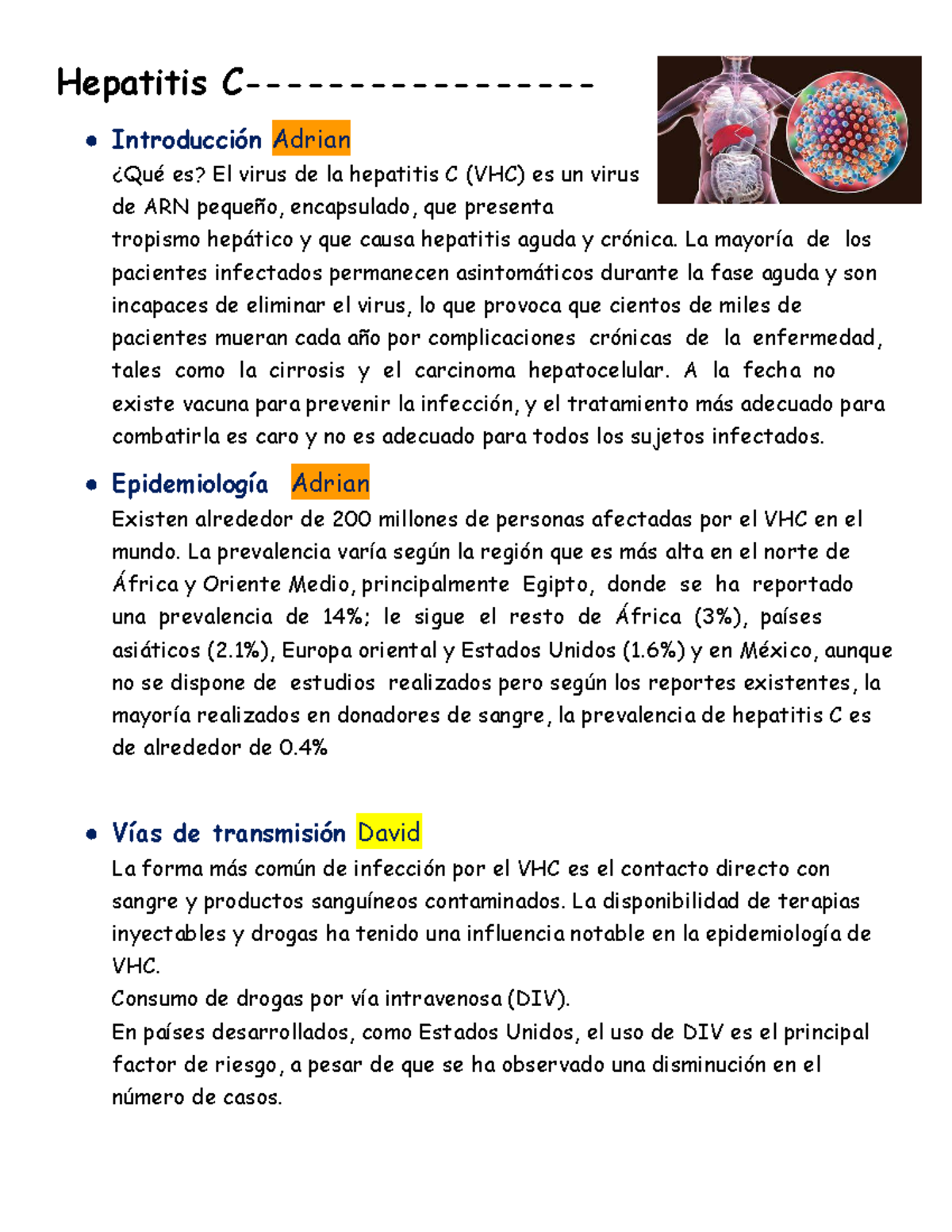 Hepatitis C.docx - Hepatitis C- Introducción Adrian ¿Qué es? El virus ...