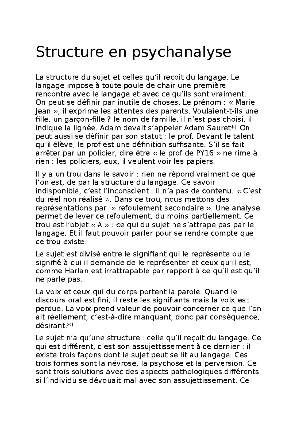 Cours structure en psychanalyse - Structure en psychanalyse La ...
