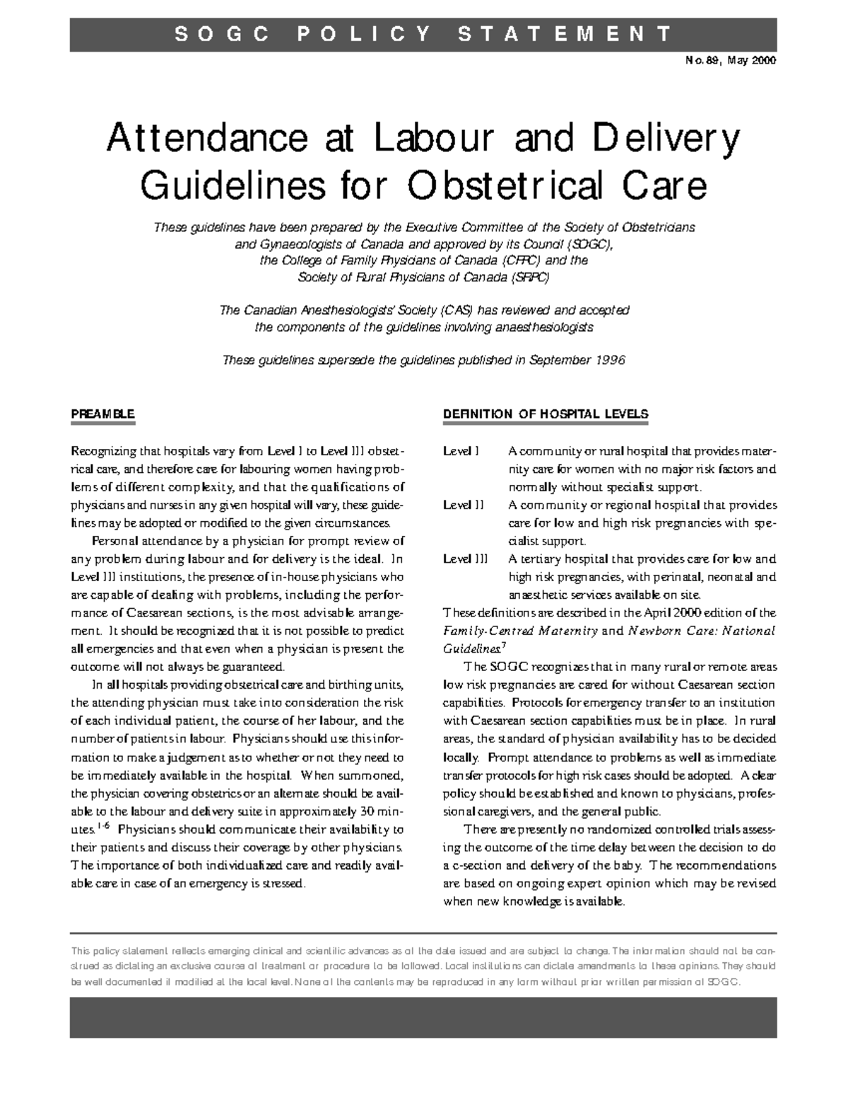 SOGC - Attendance At Labour And Delivery Guidelines For Obstetrical ...