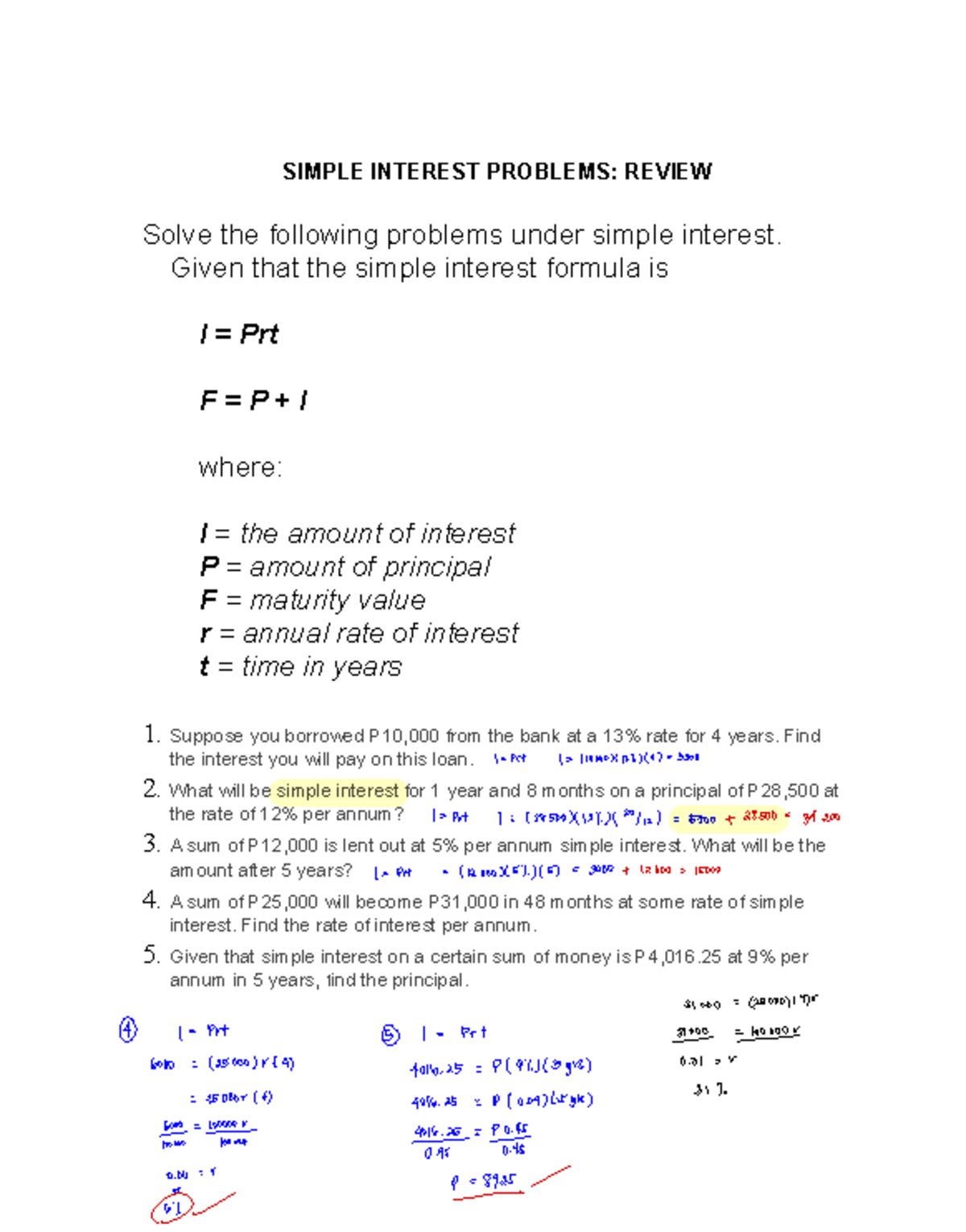Simple- Interest- Problems 2 - SIMPLE INTEREST PROBLEMS: REVIEW Solve ...