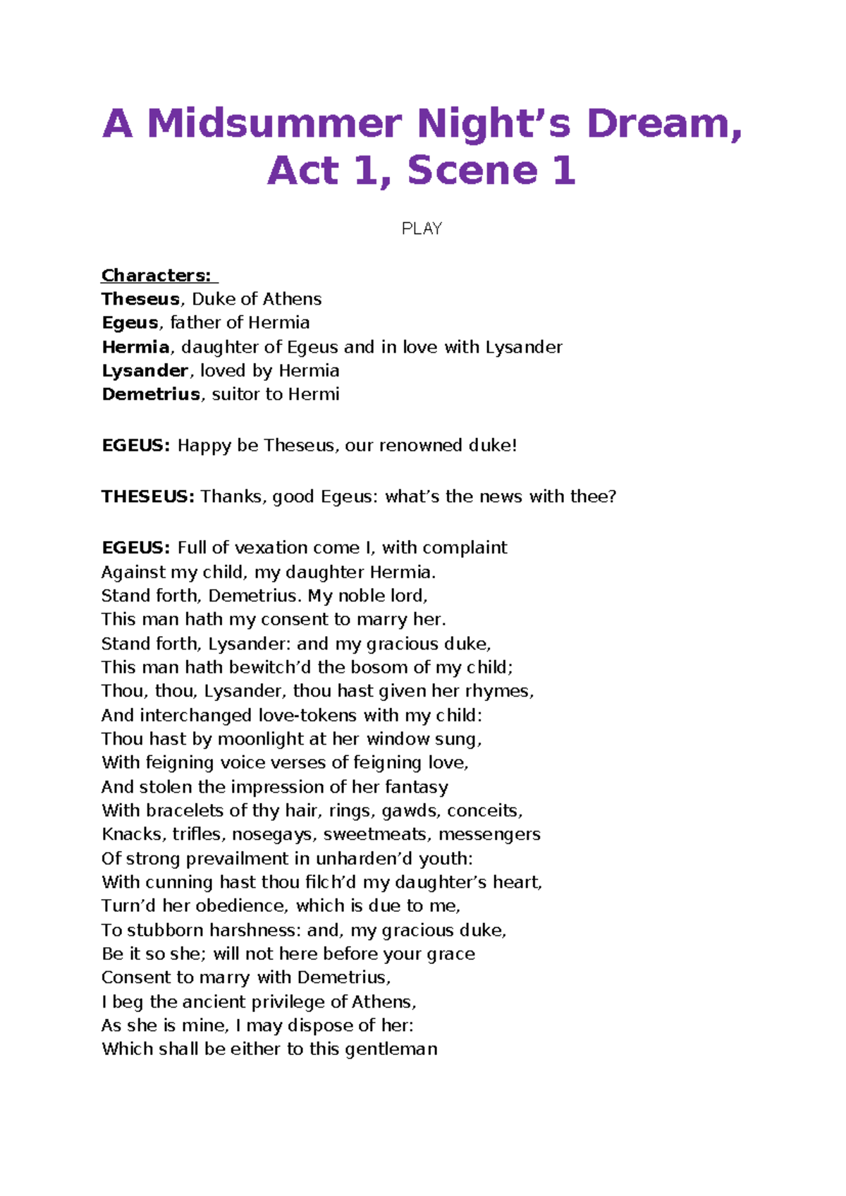 A Midsummer Night's Dream - A Midsummer Night’s Dream, Act 1, Scene 1 ...