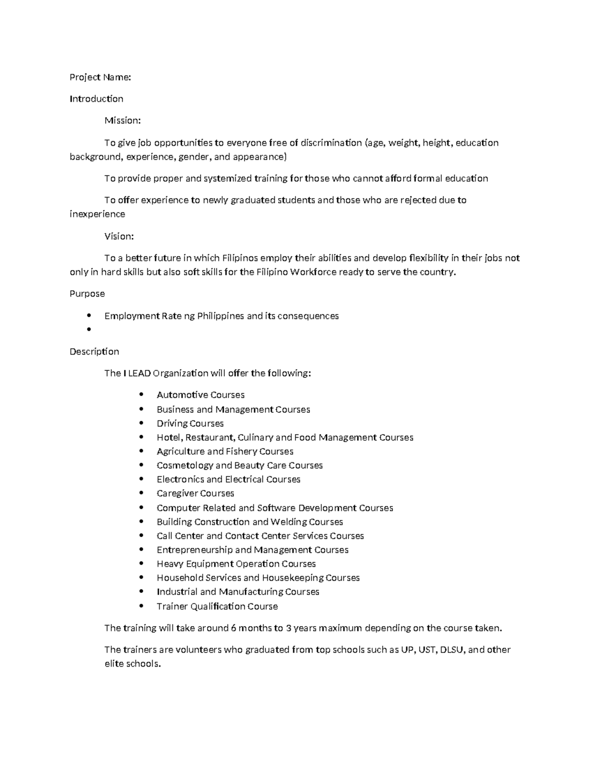 Project-Name Proposal - Project Name: Introduction Mission: To give job ...