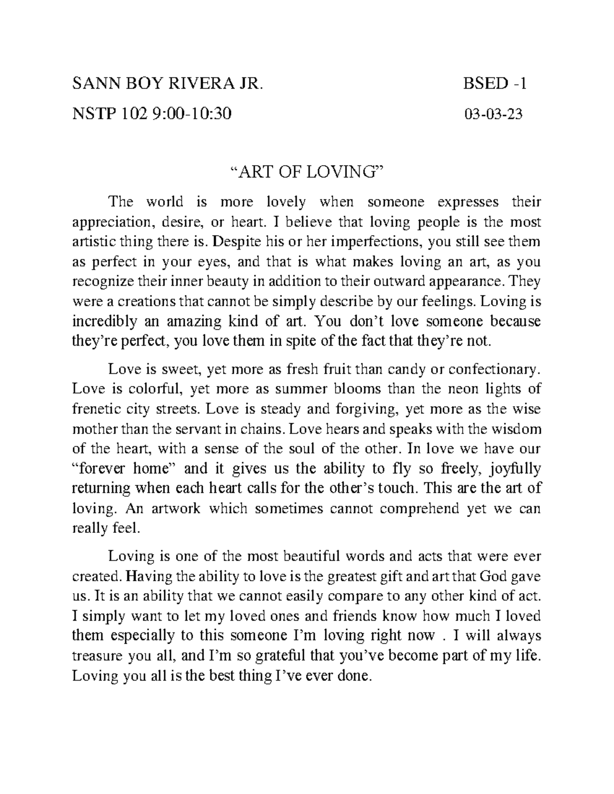 ART OF Loving Essay - SANN BOY RIVERA JR. BSED - 1 NSTP 102 9:00-10:30 ...