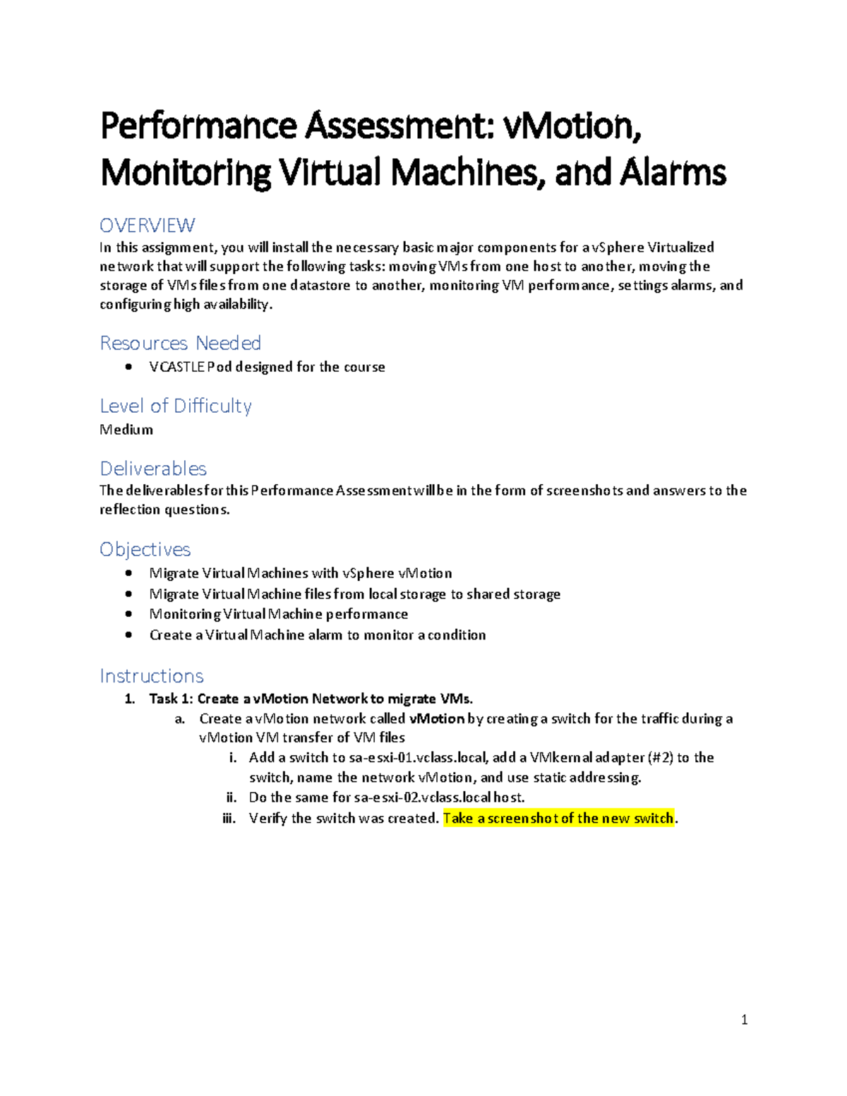 Week 5 lab-1 - Week 5 lab-1 - Performance Assessment: vMotion ...