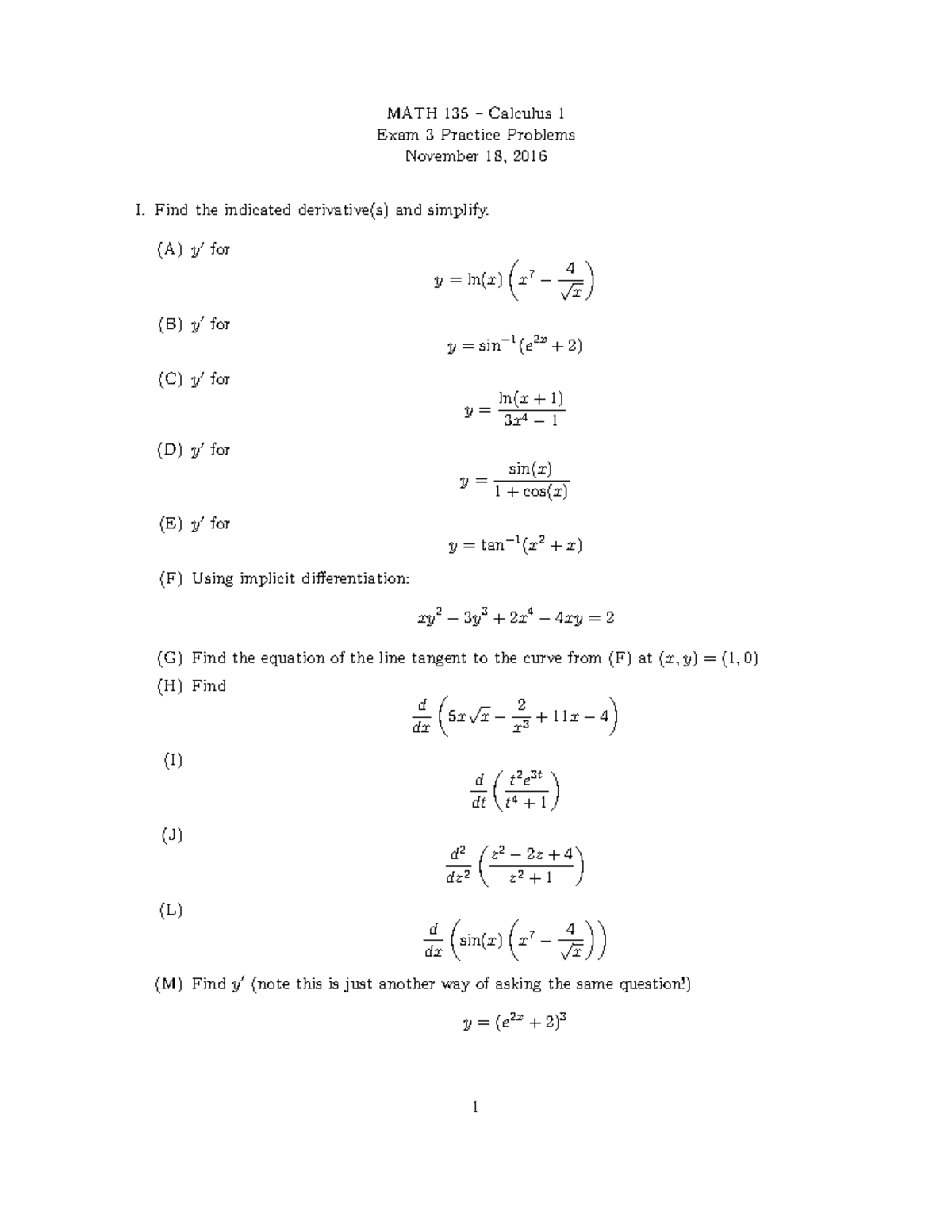 Exam3Practice - MATH 135 – Calculus 1 Exam 3 Practice Problems November ...