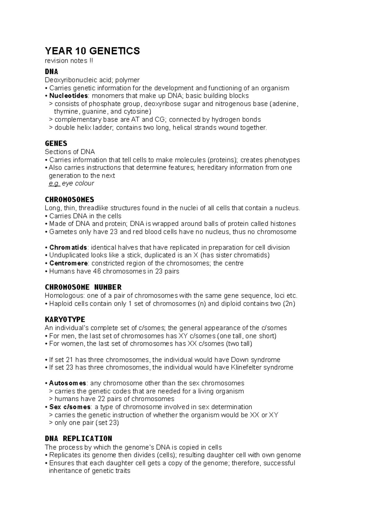 YEAR 10 Genetics - YEAR 10 GENETICS revision notes !! DNA ...