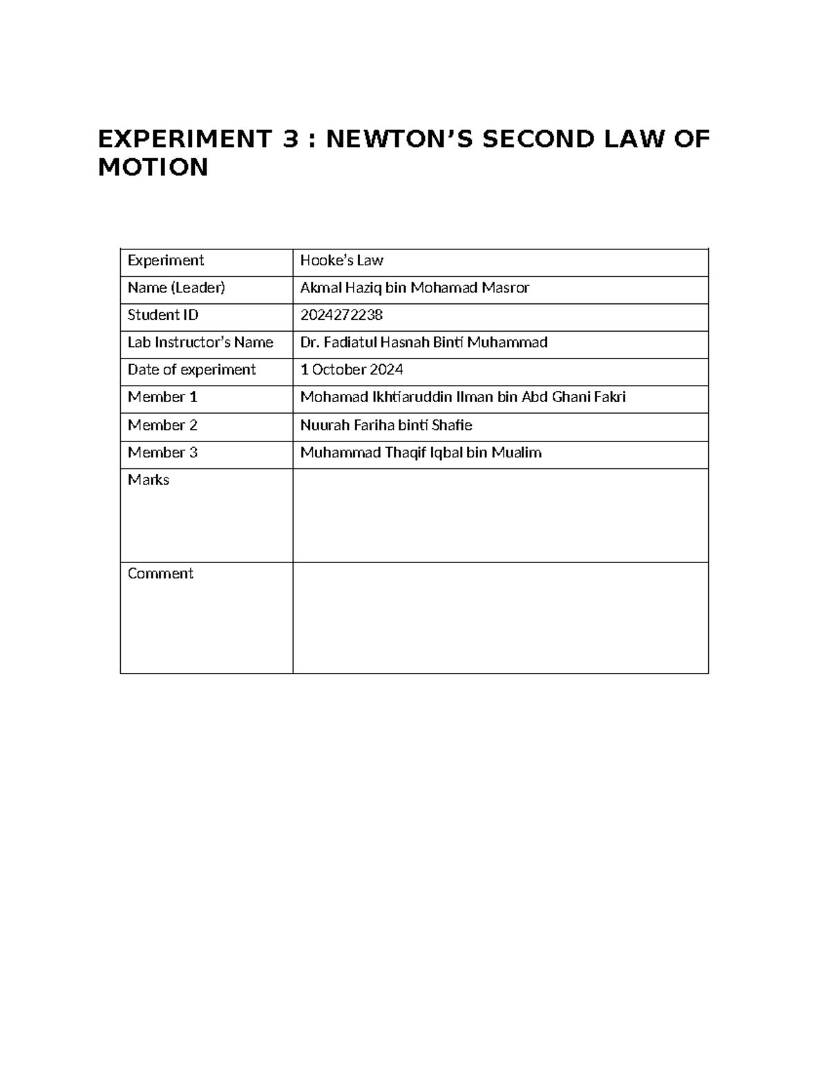 Experiment 3 PHY094 - EXPERIMENT 3 : NEWTON’S SECOND LAW OF MOTION ...