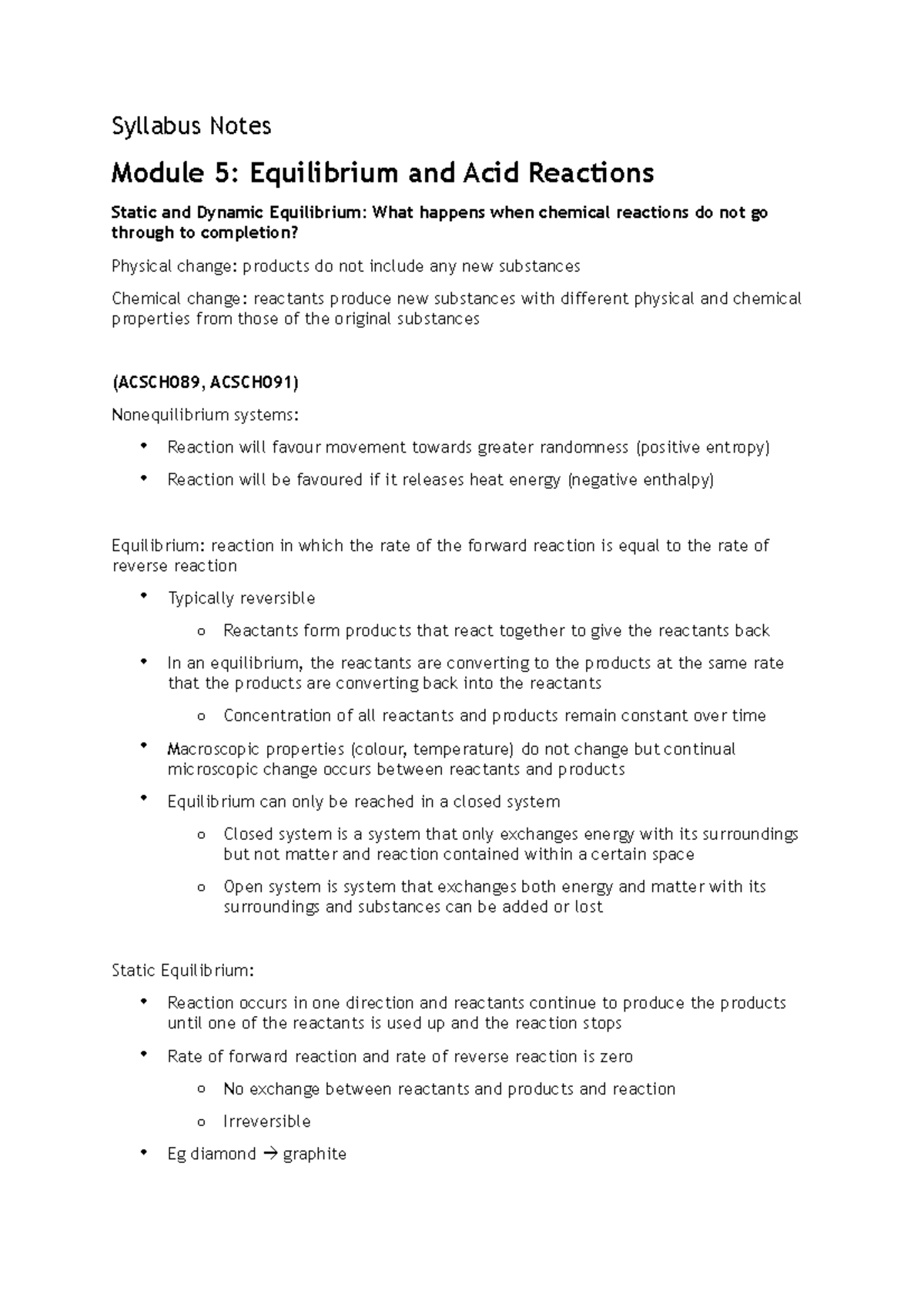 Chem Notes - Syllabus Notes Module 5: Equilibrium and Acid Reactions ...
