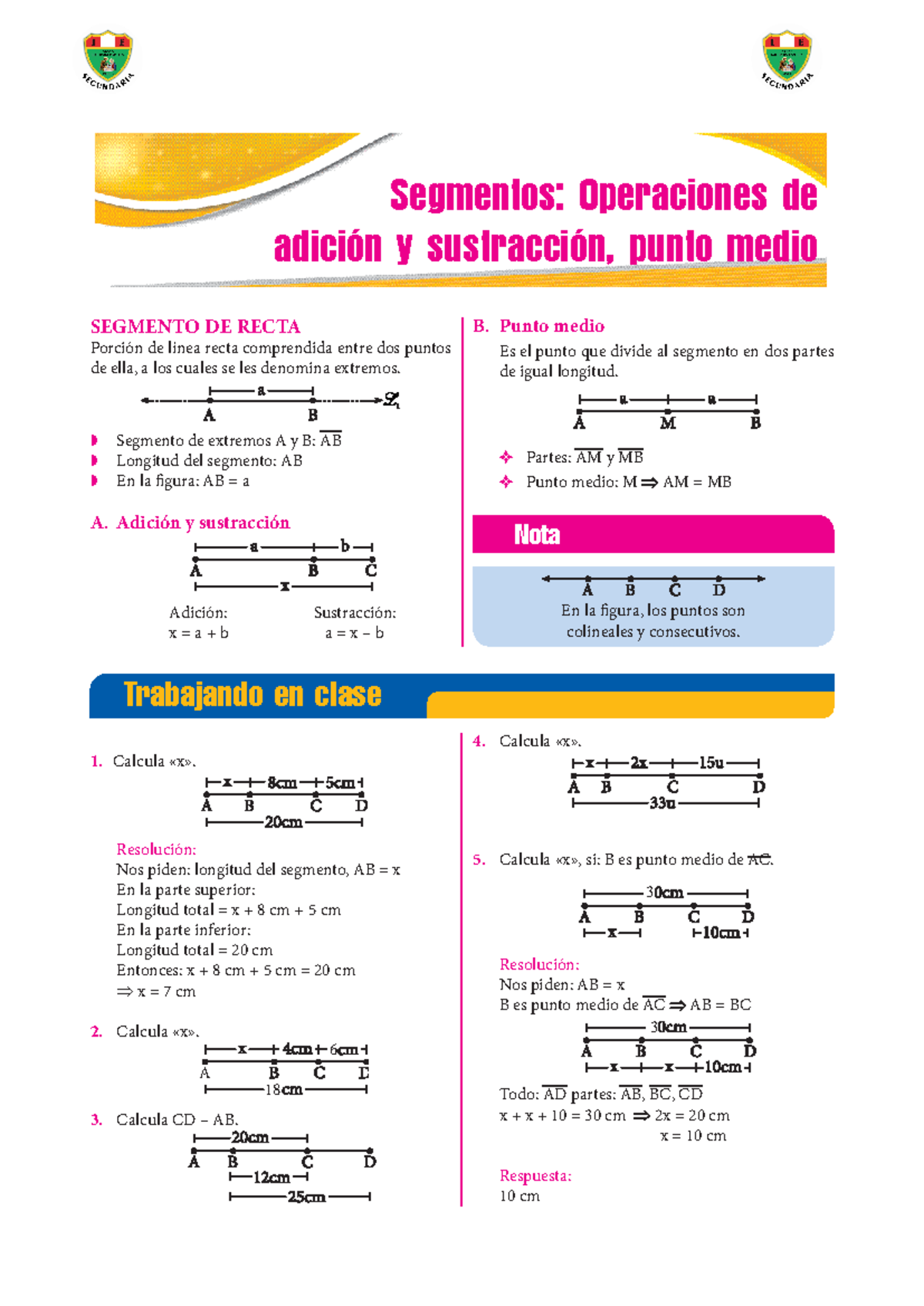 Geometría - Segmentos: Operaciones de adición y sustracción, punto ...