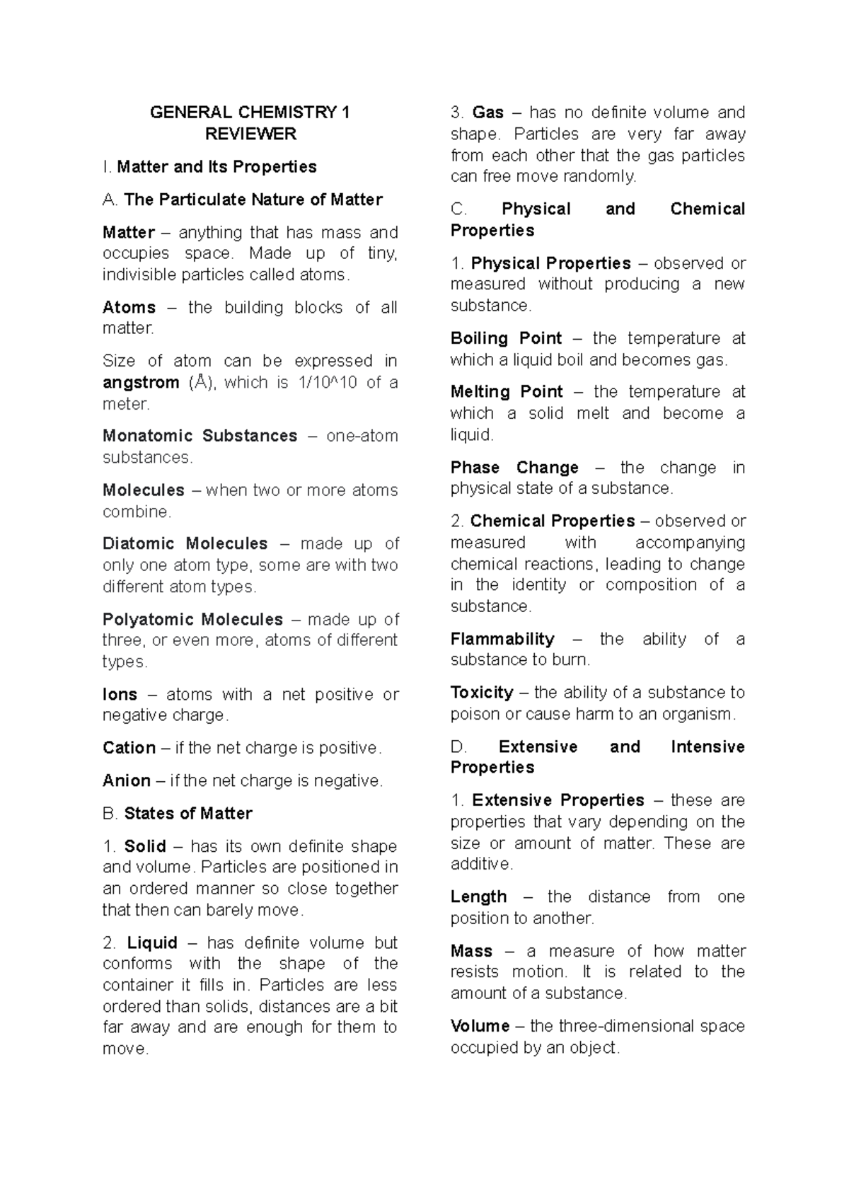General Chemistry 1 Reviewer - GENERAL CHEMISTRY 1 REVIEWER I. Matter ...