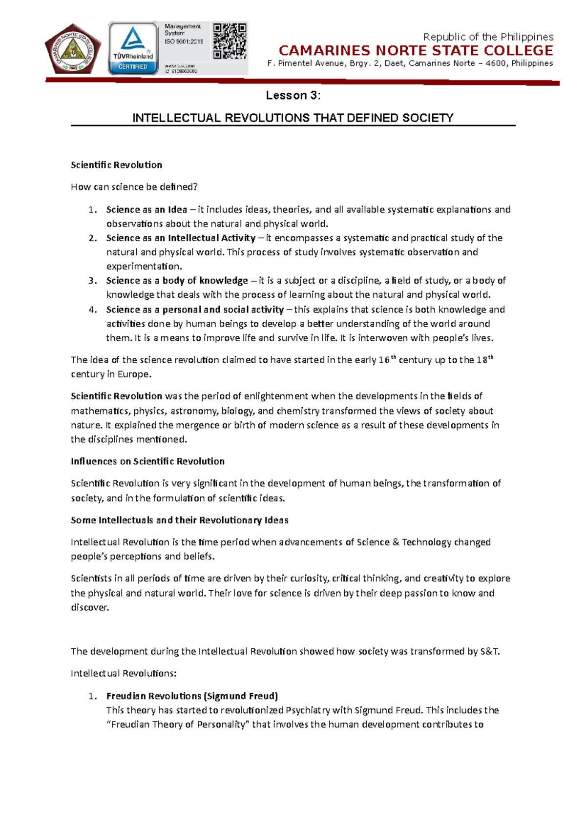 Lesson 3 - STS - Lesson 3: INTELLECTUAL REVOLUTIONS THAT DEFINED ...