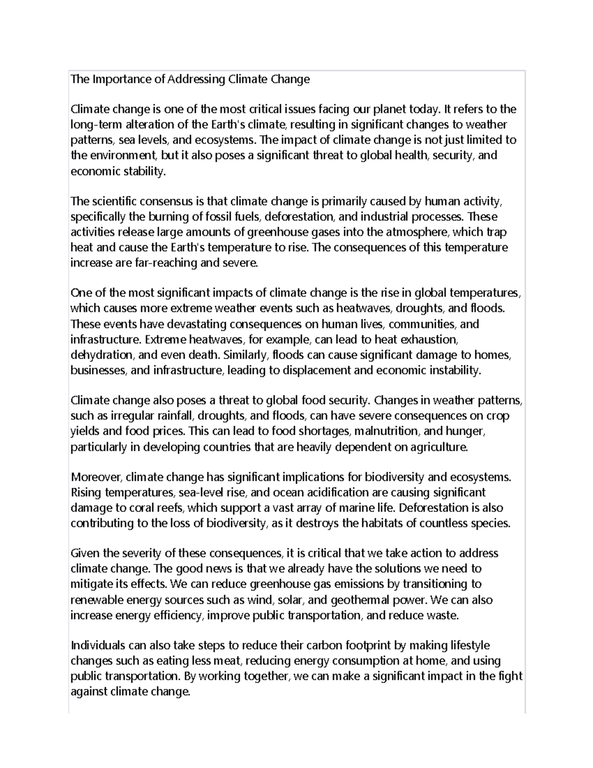 Doc2 - In class assignment - The Importance of Addressing Climate ...