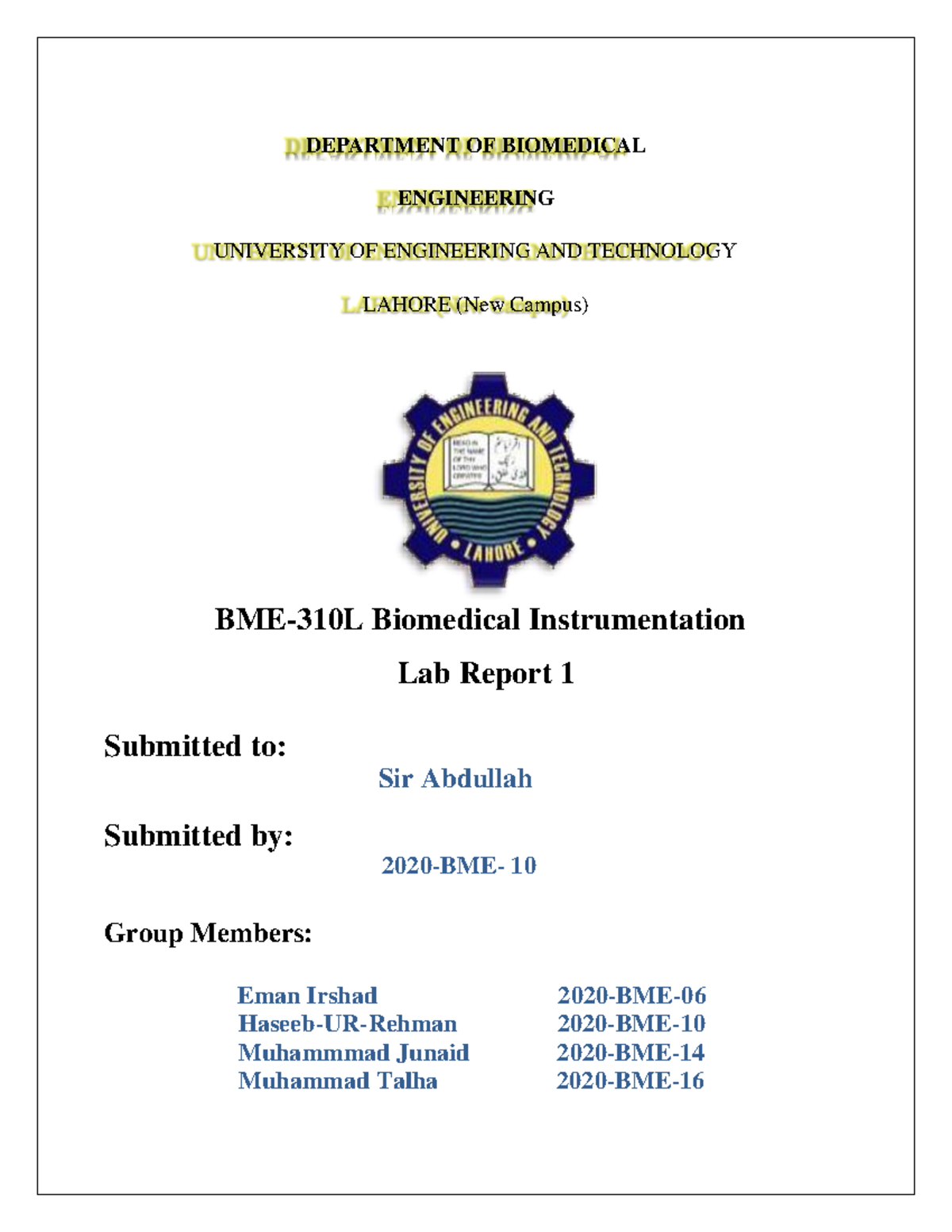 2020-BME-10 Lab 1 - BME-310L Biomedical Instrumentation Lab Report 1 ...