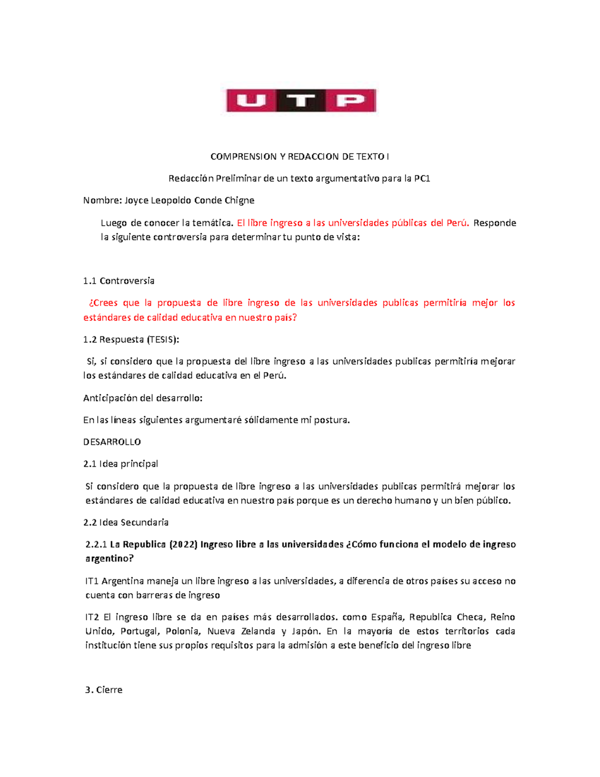 Redacción preliminar de un texto argumentativo para la PC1 - COMPRENSION Y REDACCION DE TEXTO I ...