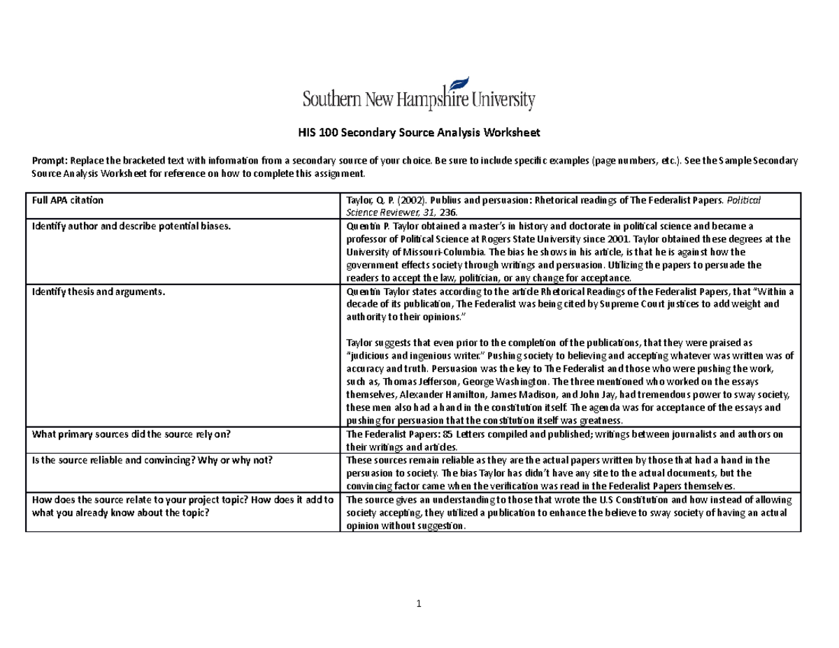 HIS 100 Secondary Source Analysis Worksheet Prompt - Studocu