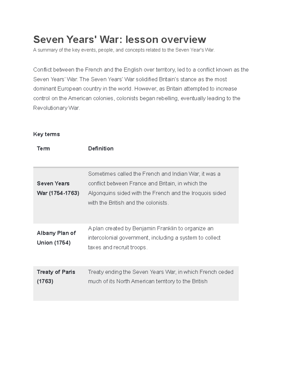 English)Seven Years' War: lesson overview - Seven Years' War: lesson ...