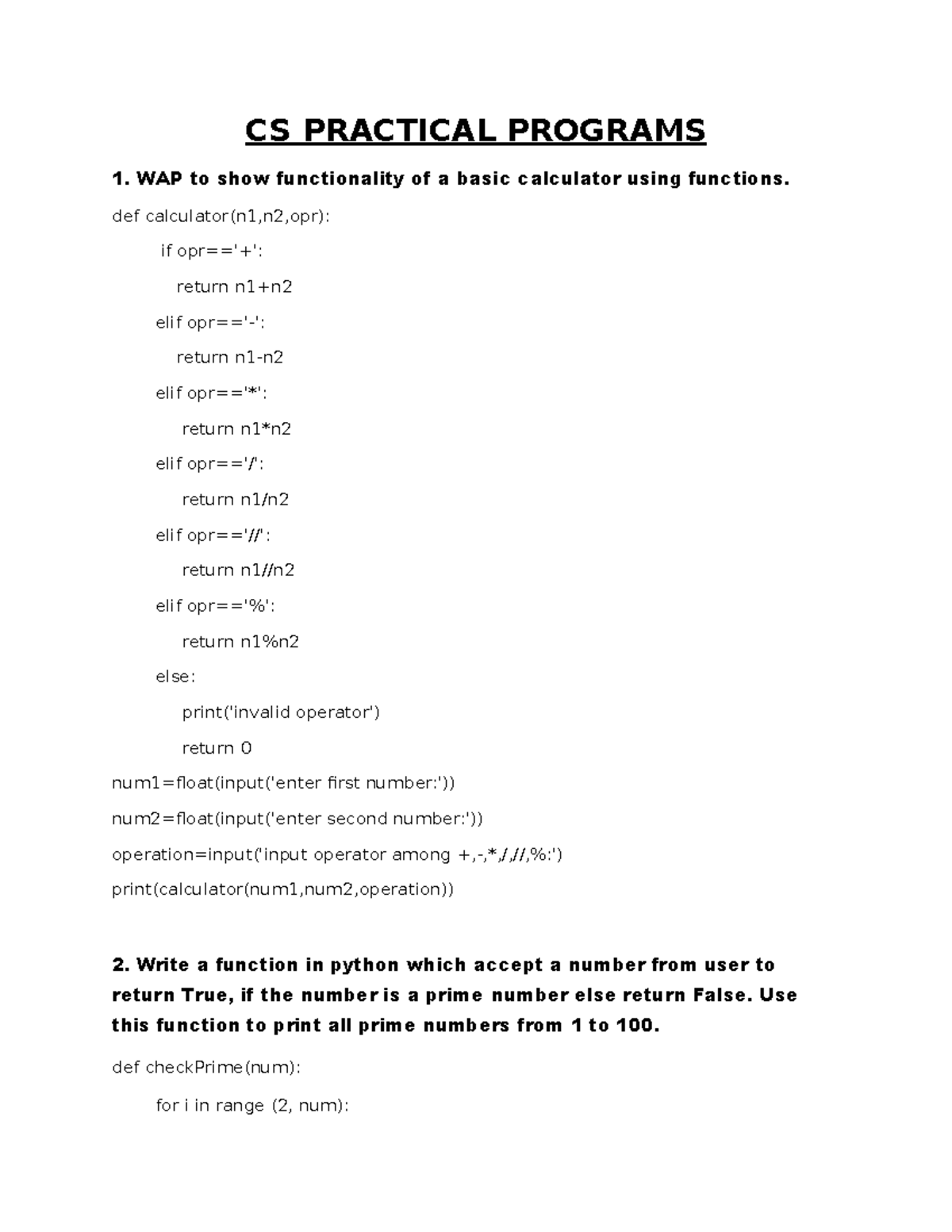 Cs Practical Programs Cs Practical Programs 1 Wap To Show Functionality Of A Basic Calculator