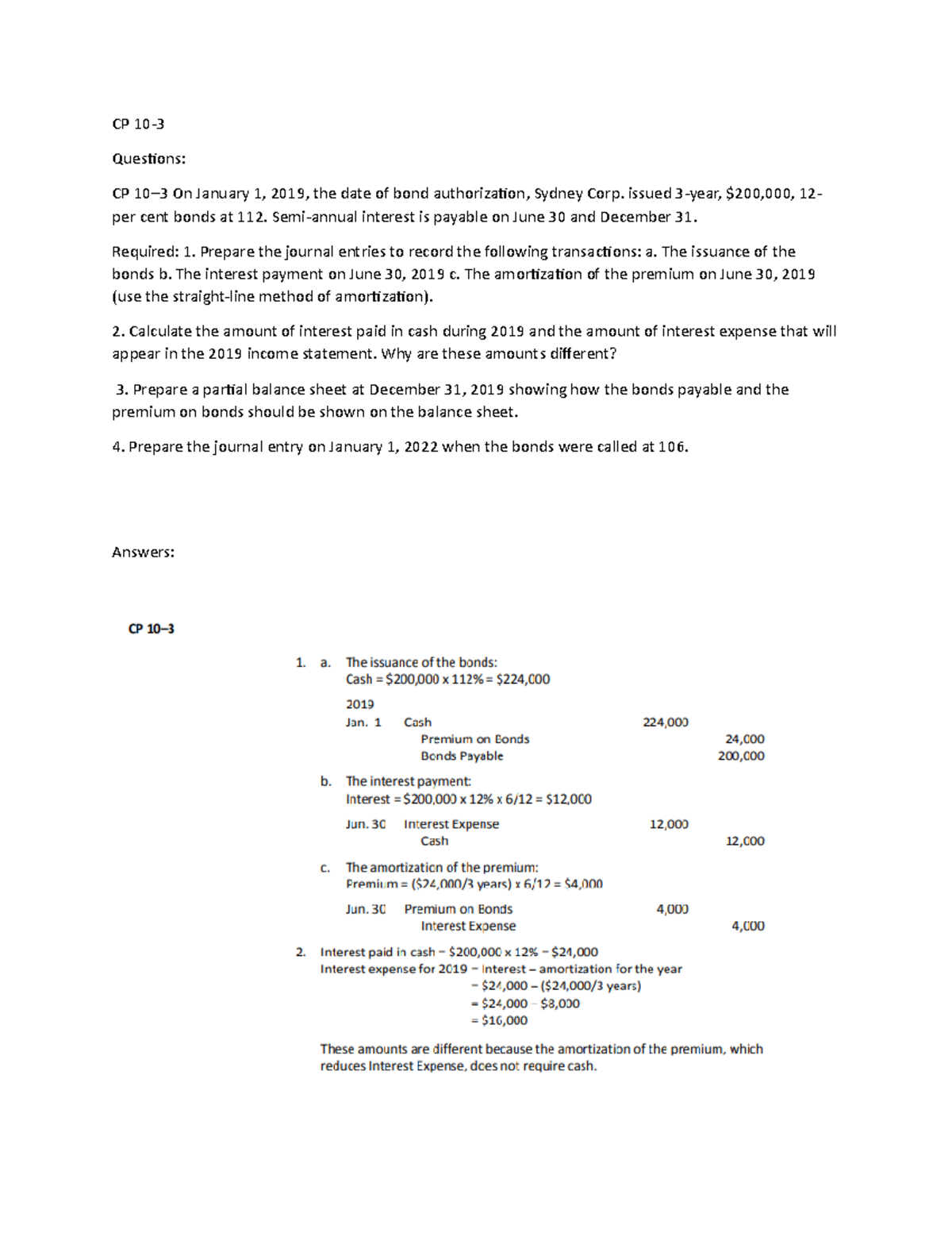 CP 10 3 - comprehension problem chap 10-3 - CP 10- Questions: CP 10–3 On January 1, 2019, the ...
