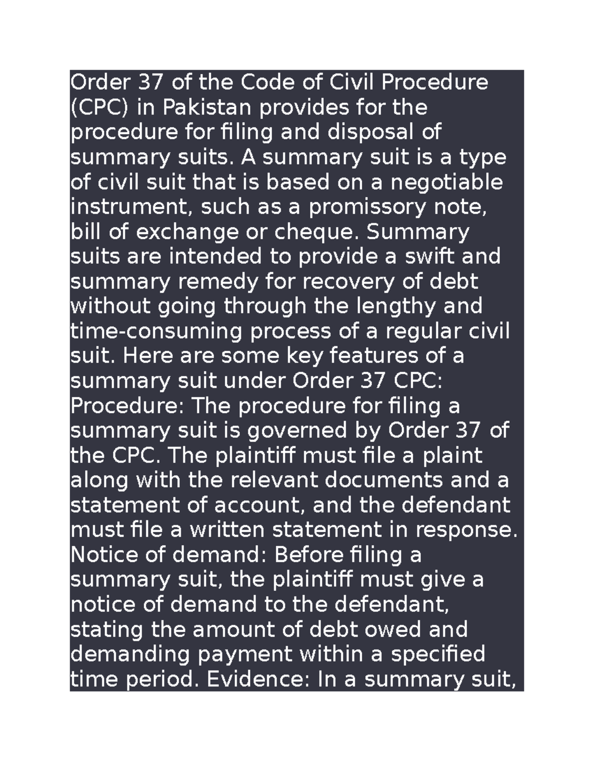 Summary SUIT Order 37 CPC - Order 37 of the Code of Civil Procedure (CPC) in Pakistan provides ...