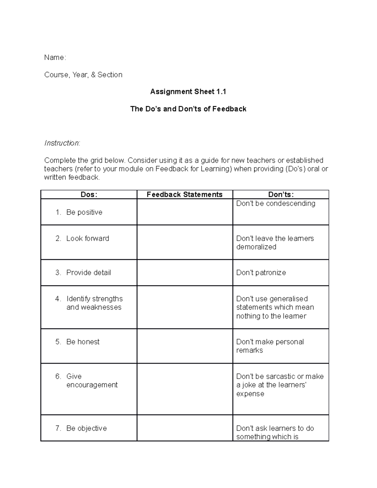 EDUC 30083 Ass 1-1 - Name: Course, Year, & Section Assignment Sheet 1 ...