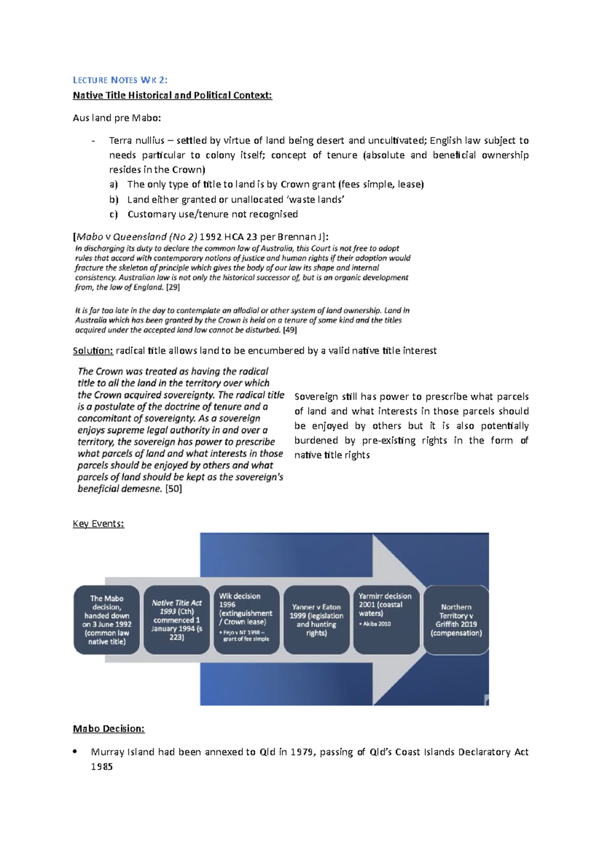 Lecture Notes - LECTURE NOTES WK 2: Native Title Historical and ...