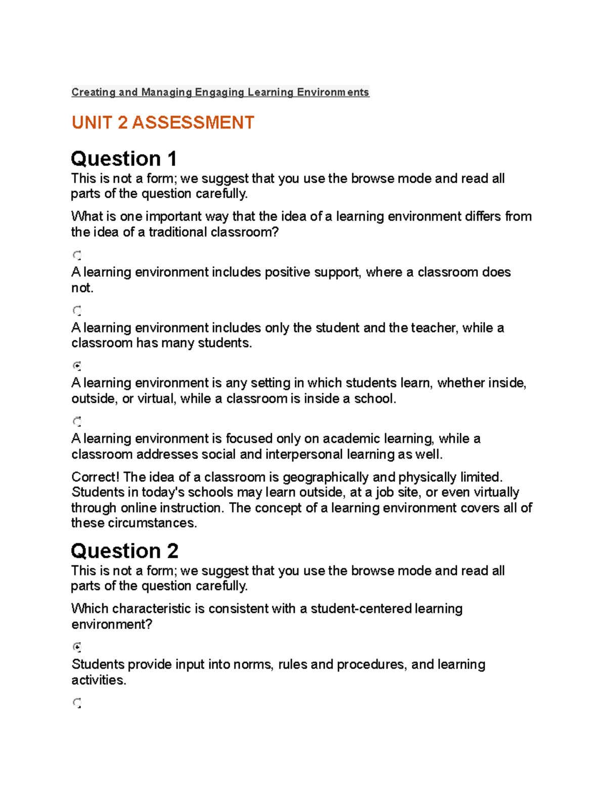 Creating and Managing Engaging Learning Environments Unit 2 Quiz ...