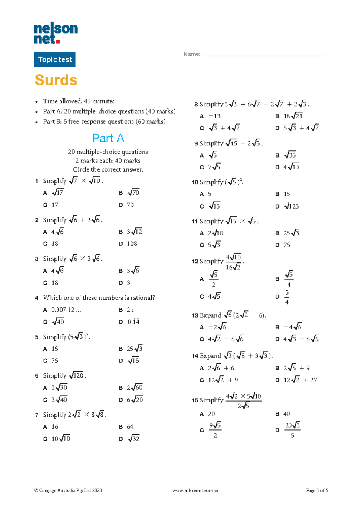 Topic test surds print - Topic test Surds Name: © Cengage Learning ...